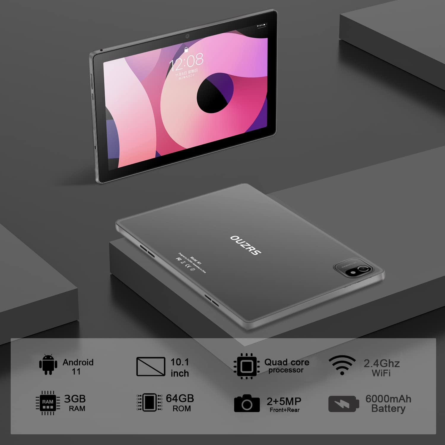 OUZRS Tablet 10.1 Inch Android 11.0 Go - 64GB ROM | 256GB Scalable 6000mAh Long Battery Life Tablets GMS Certified | 5MP Camera WiFi FM Bluetooth (Gray) (Grey)
