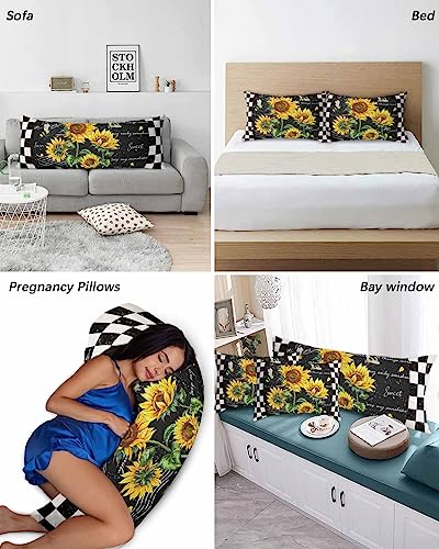 Sunflower Pillow Covers Standard Size Set of 2 20x26 Bed Pillow, Farmhouse Spring Floral Bee Rustic Black White Plaid Plush Soft Comfort for Hair/ Skin Cooling Pillowcases with Envelop Closure