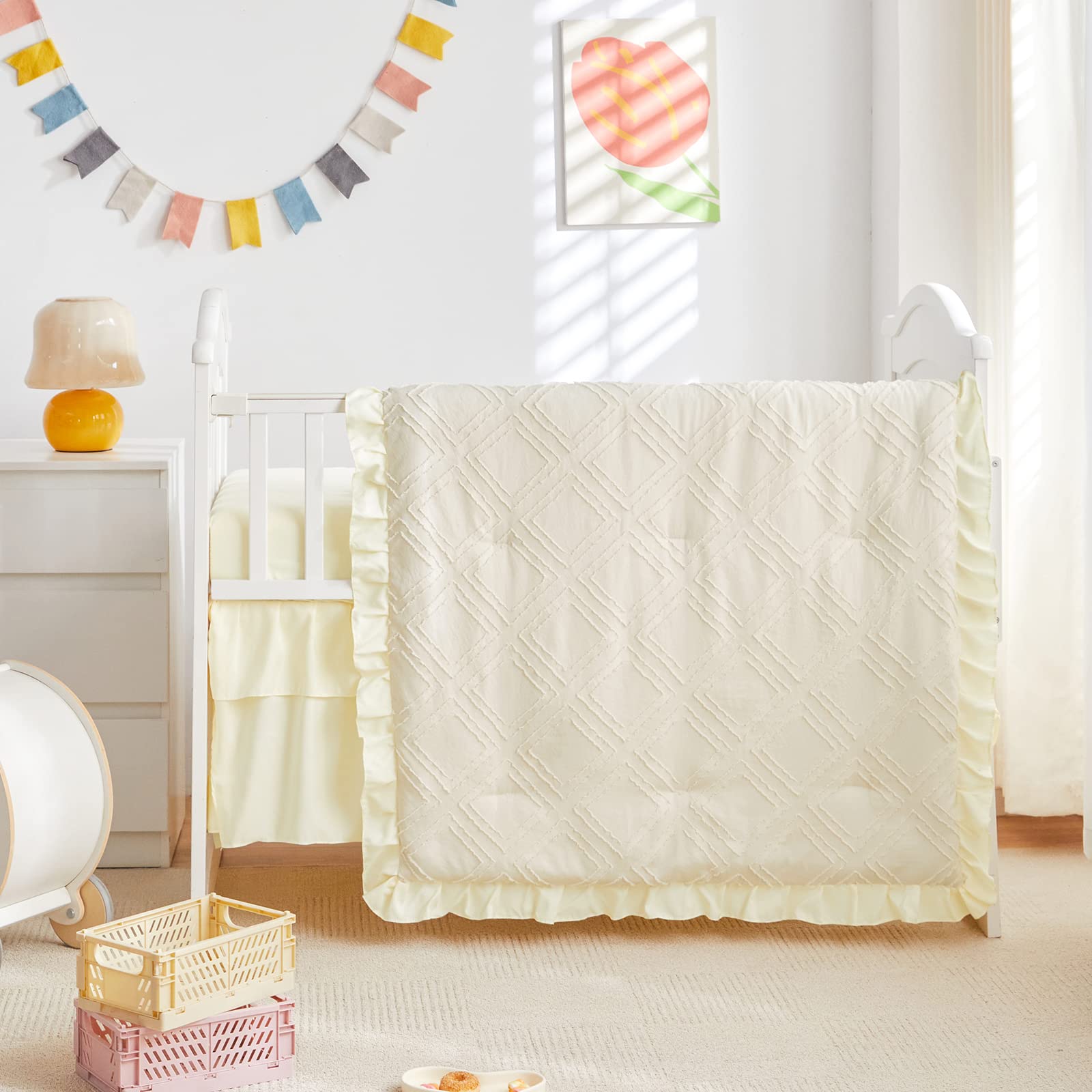 Tufted Ruffle Crib Bedding Set 3 Pieces Baby Boho Quilted Comforter with Fitted Sheet and Bed Skirt - Cute Ruffled Shabby Chic Baby Bedding Soft Blanket Design Cream White with Yellow