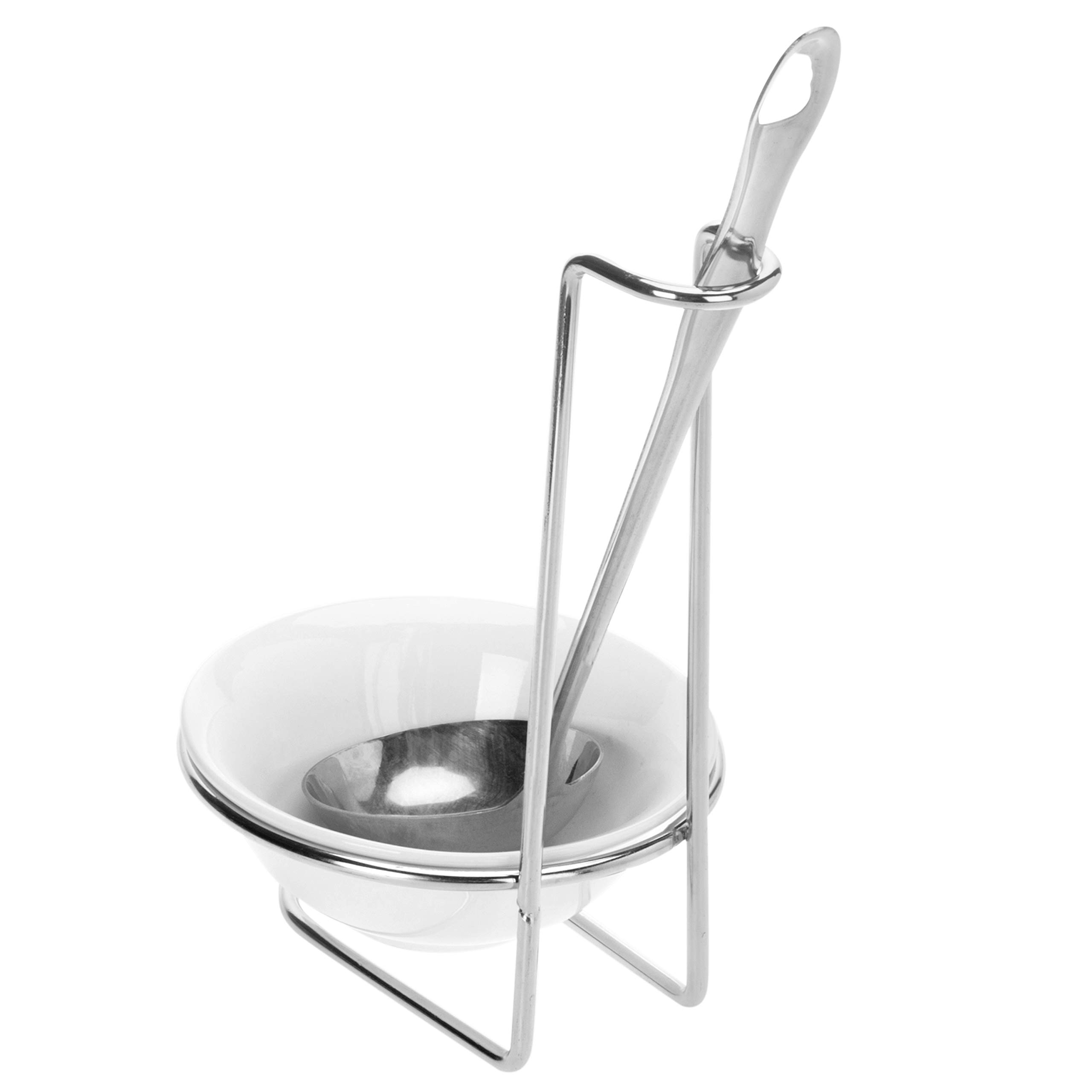 MyGift White Ceramic Ladle Holder Spoon Rest, Upright Single Cooking Utensil Holder, Vertical Drip Catcher Dish with Stainless Steel Stand for Kitchen Counter