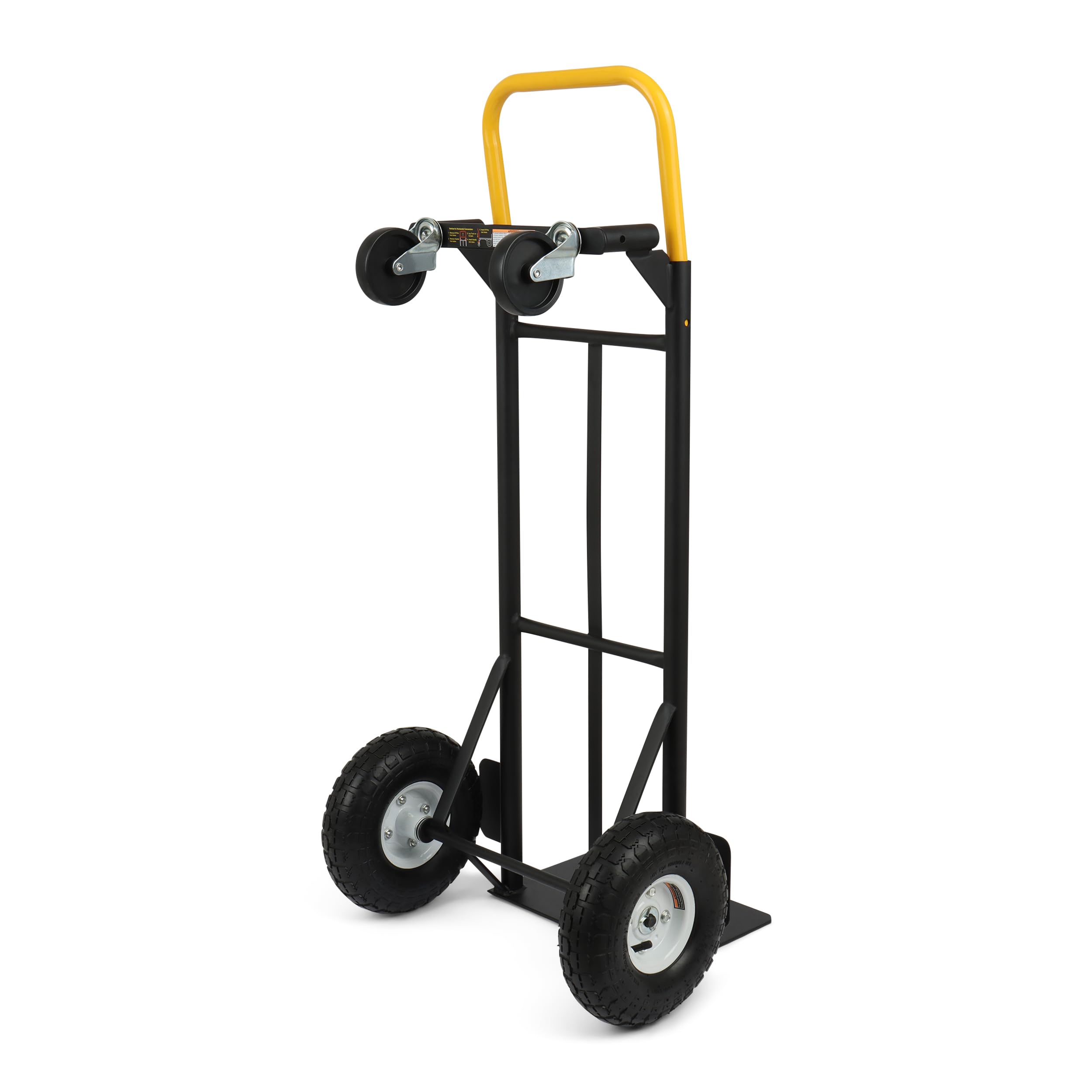 Simpli-Magic 800 lb Capacity 2 in 1 Convertible Hand Truck and Dolly with 10" Flat-Free Solid Rubber Wheels,Black with Yellow Handle.