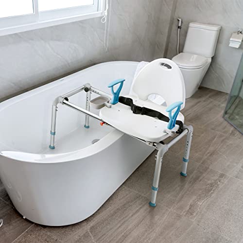OasisSpace Heavy Duty Sliding Bathtub Transfer Bench 450lbs, Shower Seat Tub Transfer Bench with Backrest and Arms and Sliding Shower Chair for Disabled, Seniors, Bariatric