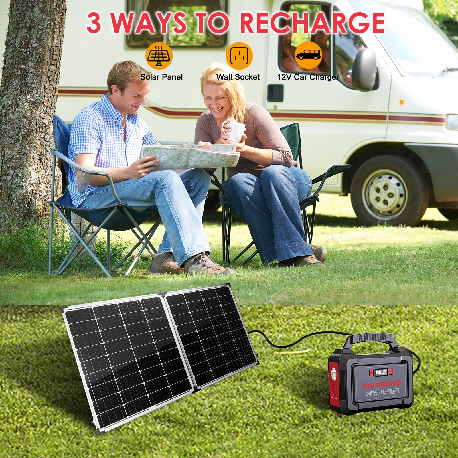 MARBERO Solar Generator 300W Portable Power Station 296Wh with 100W Solar Panel Included with DC, AC, USB A, USB C, Flashlights for Camping, Home, Outdoor, Office, School, Emergency