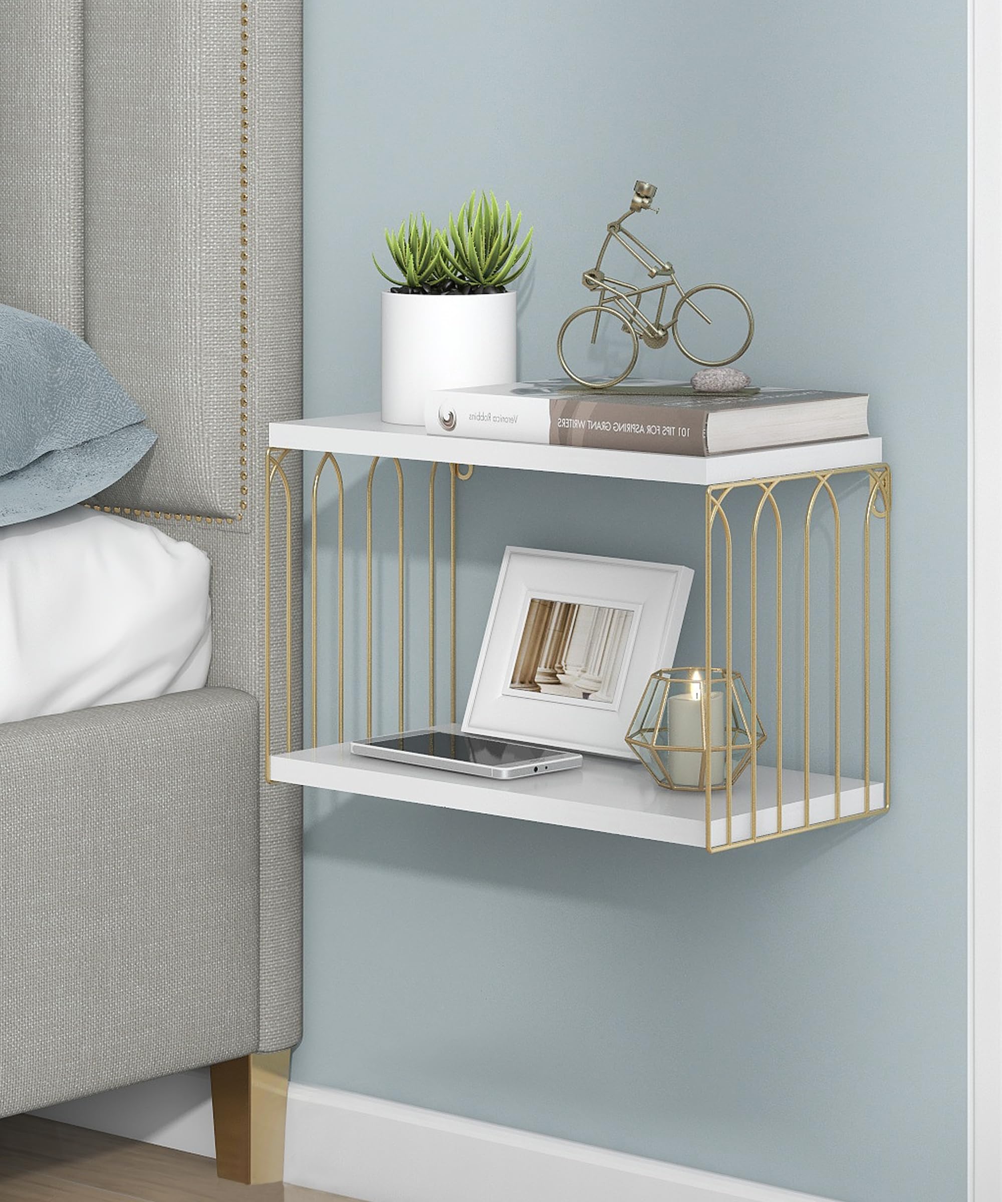 Sivapleso Floating Nightstand, White and Gold Small Wall Mounted Night Stands Modern Minimalism Hanging Bedside Table