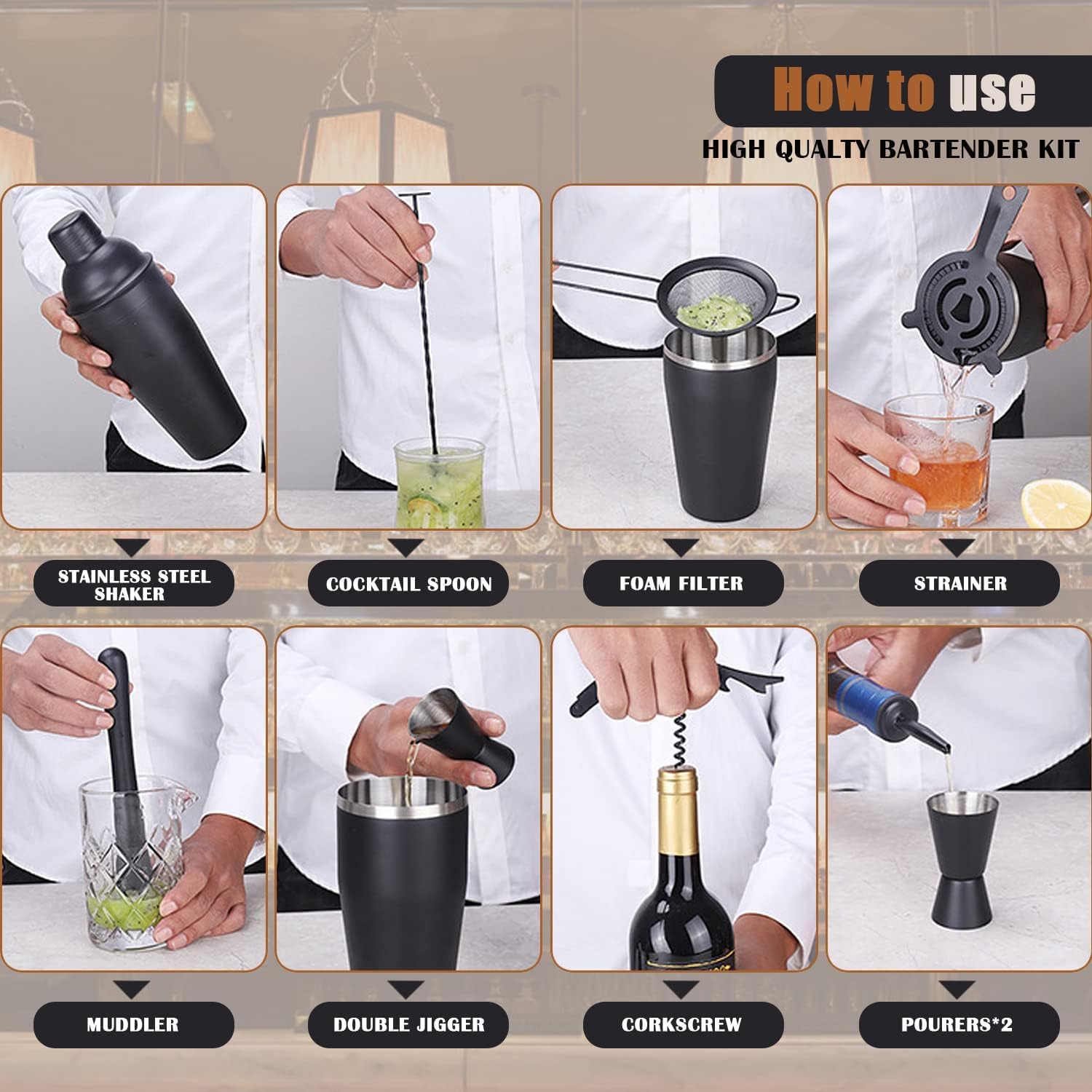 OBALY Bartender Kit 11-Piece Cocktail Shaker-Muddler for Cocktails 25oz Boston Shaker-Bar Accessories with Stylish Bamboo Stand Mix Drink Shaker kit Perfect Martini kit with Cocktail Recipes Booklet