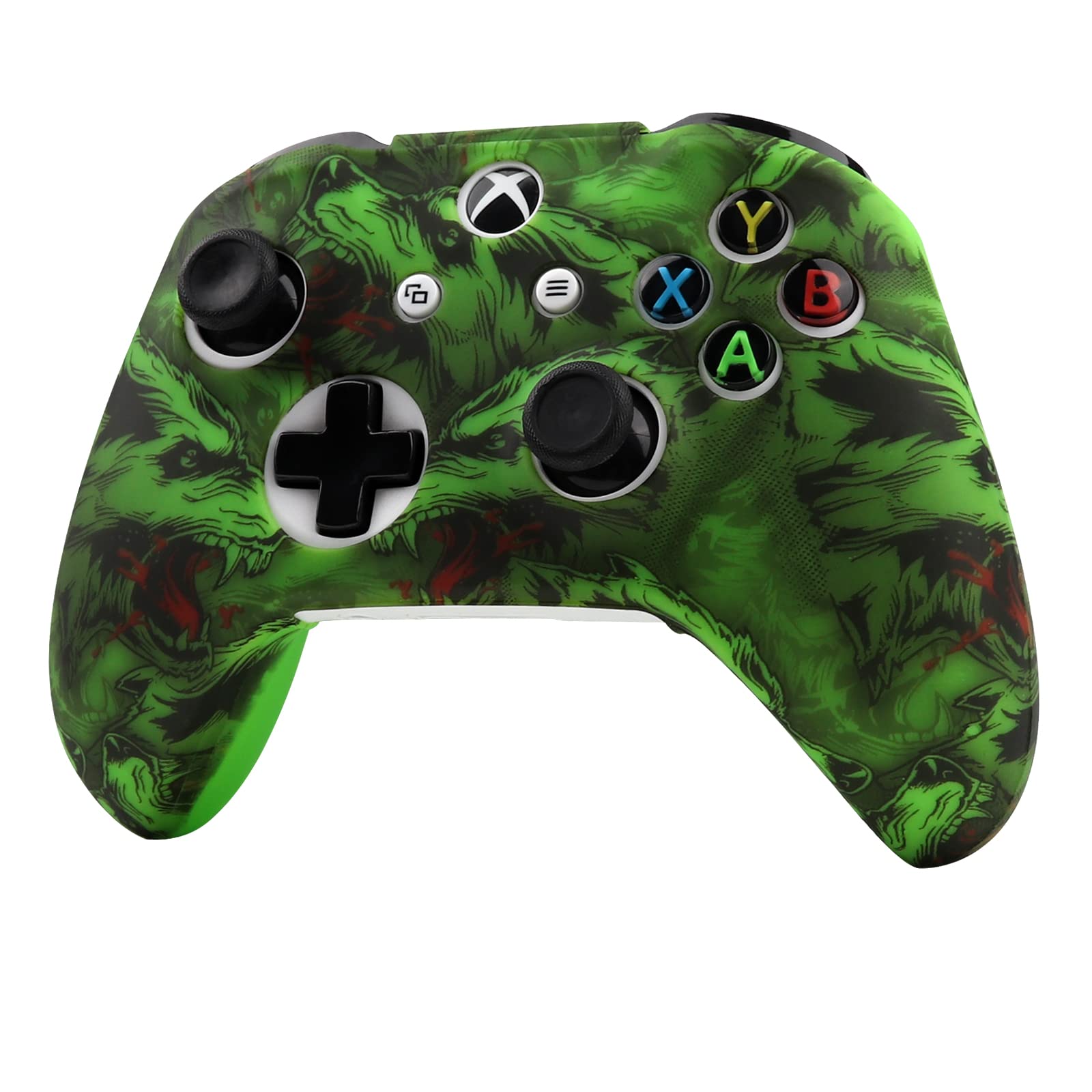 RALAN Anti SlipSilicone Cover Laser Wolf Skin Protective Case for Xbox One S/X Controller.(Black Pro Thumb Grip x 8,Cat + Skull Cap Cover Grip x 2).