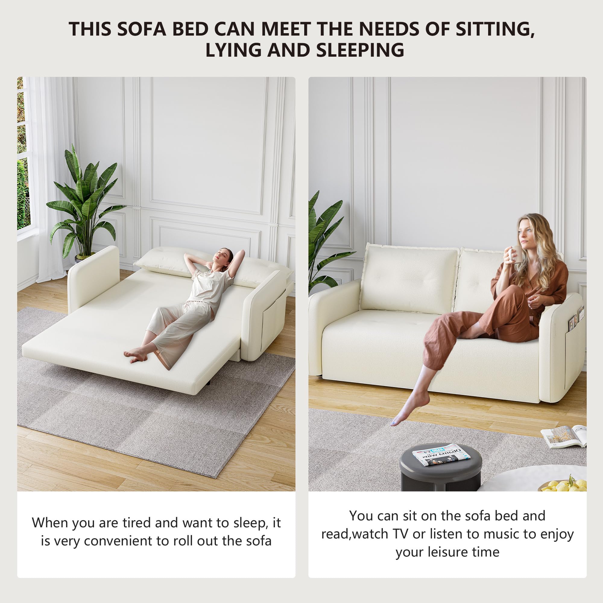Sofa Bed Couch,3 in 1 sleeper sofa couch with pullout bed,Convertible sofa bed with 2 USB and 1 Type-C Charging Port,4 storage Pockets and 2 soft Pillows,Adjsutable Loveseat for Living Room,White