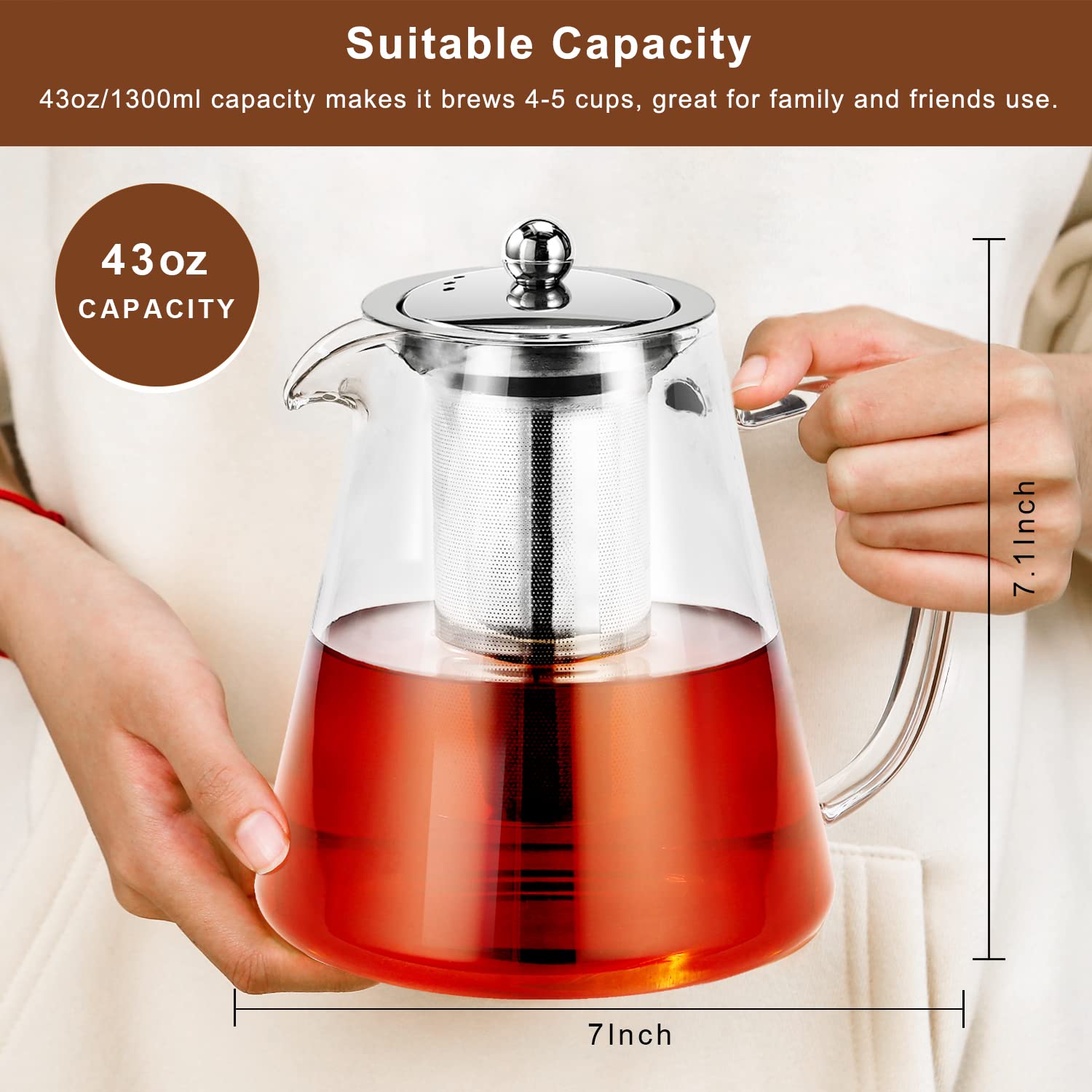 Molgree Glass Teapot Stovetop Safe, 43oz Glass Teapot with Infuser, Glass Tea Kettle Glass Tea Pots with Removable Stainless Steel Infuser for Blooming and Loose Leaf Tea