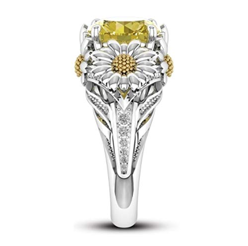 Kuyiuif 925 Sterling Silver Ring Citrine Daisy Ring Cubic Zirconia Sunflower Flower Wedding Ring Fashion Lady CZ Ring (9)