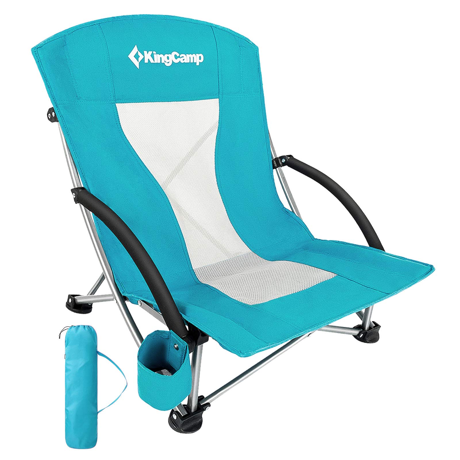 KingCamp Low Beach Chairs for Adults, Portable Lightweight Camping Chair with Padded Armrest & Carry Bag & Cup Holder, Mesh Back Sand Chairs for Beach,Camping,BBQ,Outdoor Travel, Compact & Heavy Duty