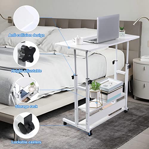 Portable Desk for Bedroom Height Adjustable 31x16 inch Storage Rolling Desk Modern Laptop Table Home Office Workstation Sofa Side Table with Wheels for Living Room Mobile Couch Small Study Desk White