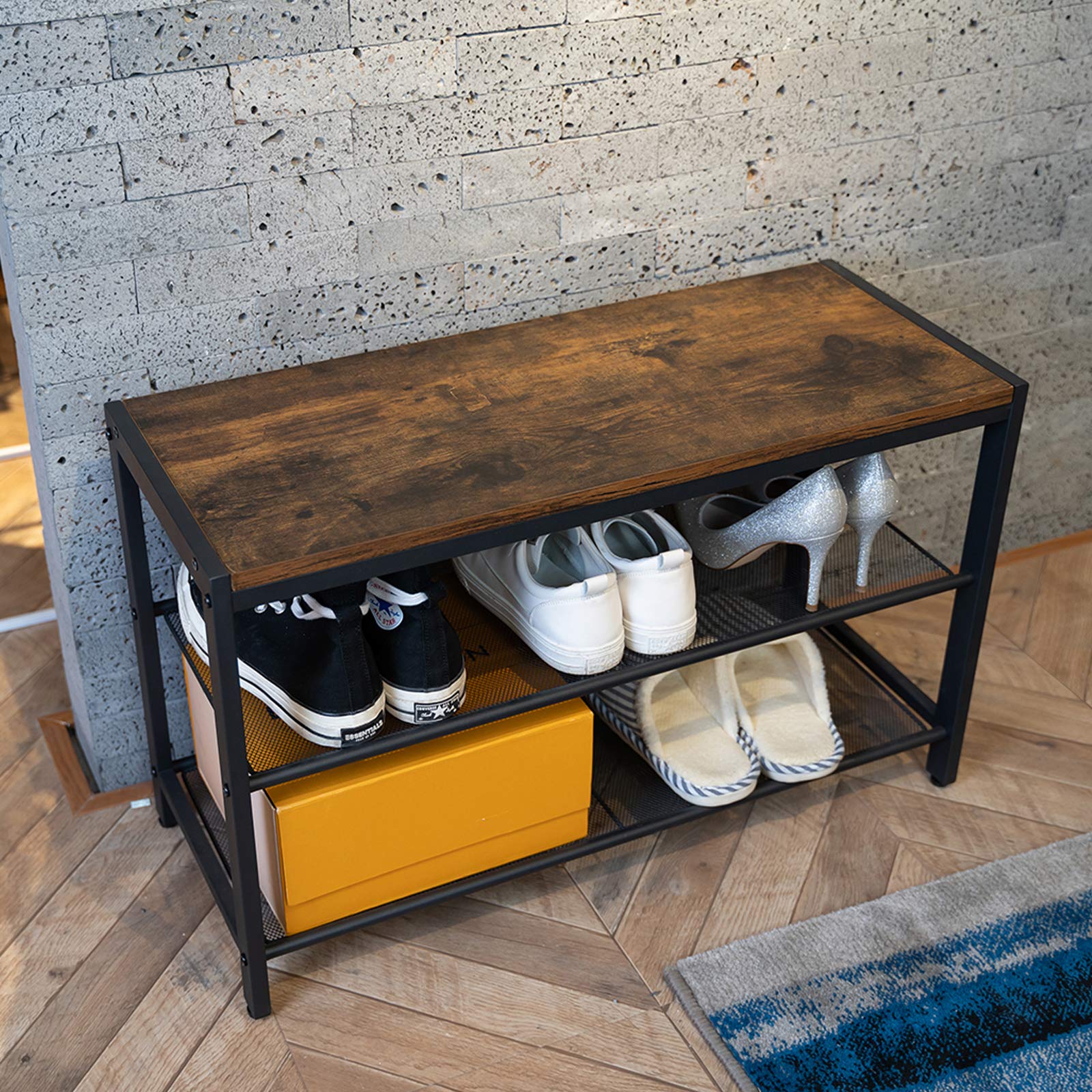 JPNTOYE Shoe Bench, Shoe Rack, Tier Shoe Organizer Shelf, Durable and Stable for Entryway, Hallway, Closet, Dorm Room, Industrial, Rustic Brown (3-Tier)