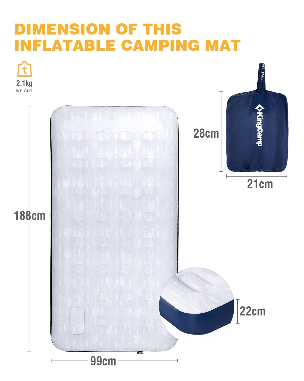 KingCamp Sleeping Pad Premium Luxury Classic Comfort Airbed Coil-Beam Technology Mattress with Built-in Foam Pump and Stuff Bag for Outdoor and Indoor, Twin Size, Navy