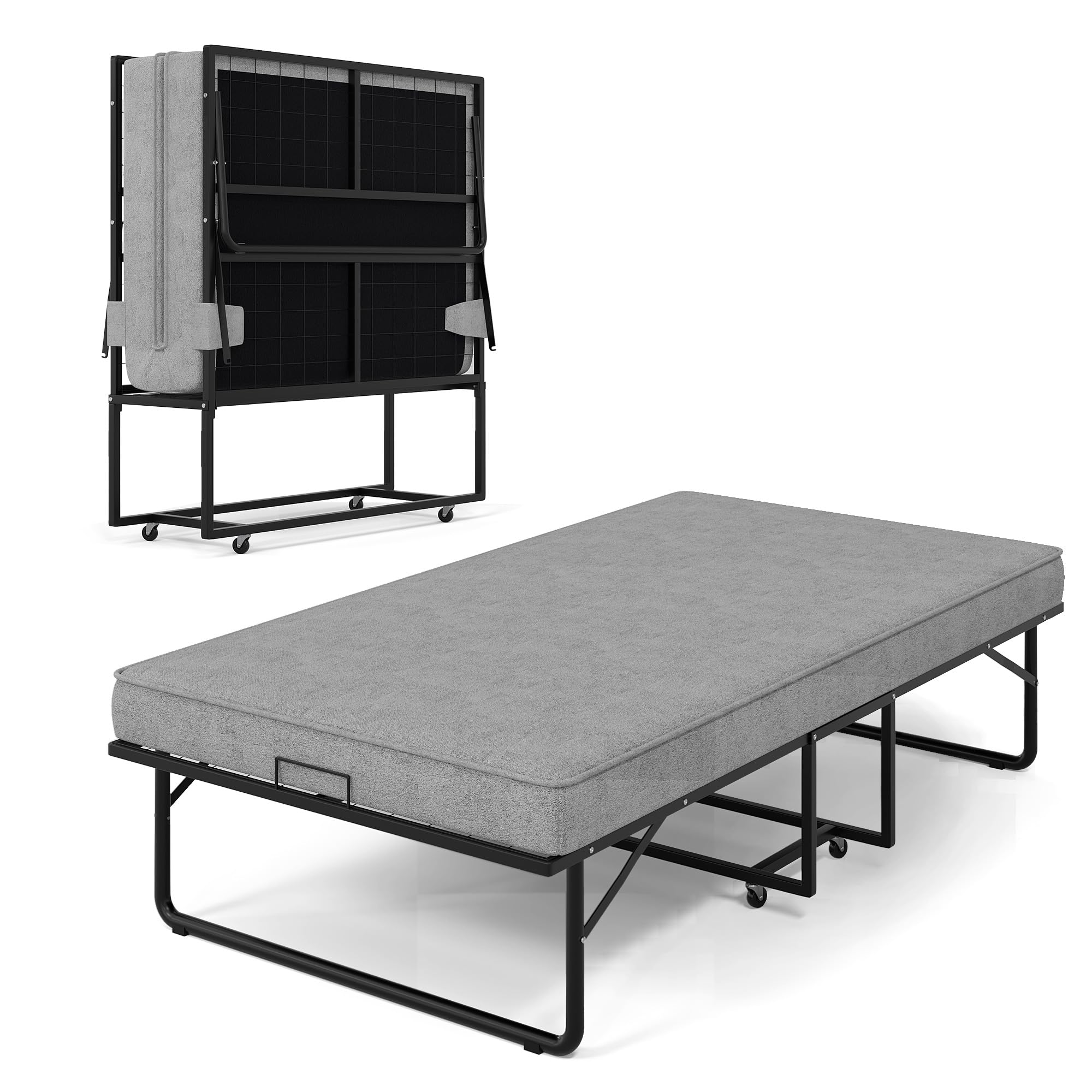 SKKTKT Folding Bed with Mattress, 75" x 39" Twin Size Bed Frame, Portable Foldable Roll Away Adult Bed for Guest, Platform Bed with Fold-up Metal Frame for Bedroom, Living Room, Dorm