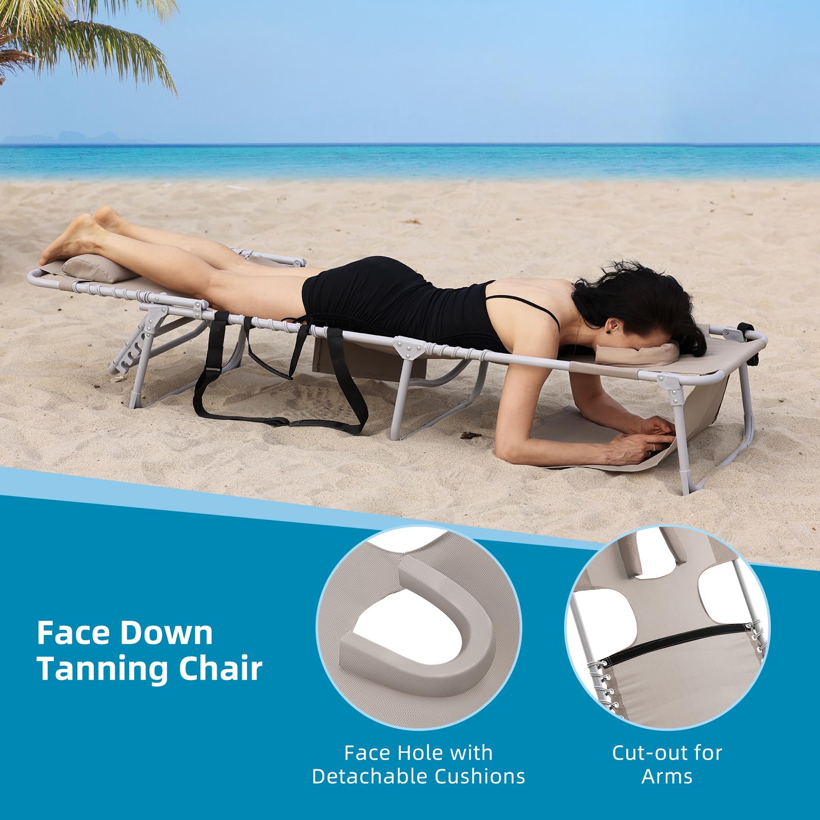 Tanning Chair for Adults with Face Hole- Versatile, Folding Chaise Lounge Chair for Outside Pool, Beach, Sunbathing and Reading on Stomach - Heavy Duty, Foldable Laying Out Chair for Tanning (Beige)