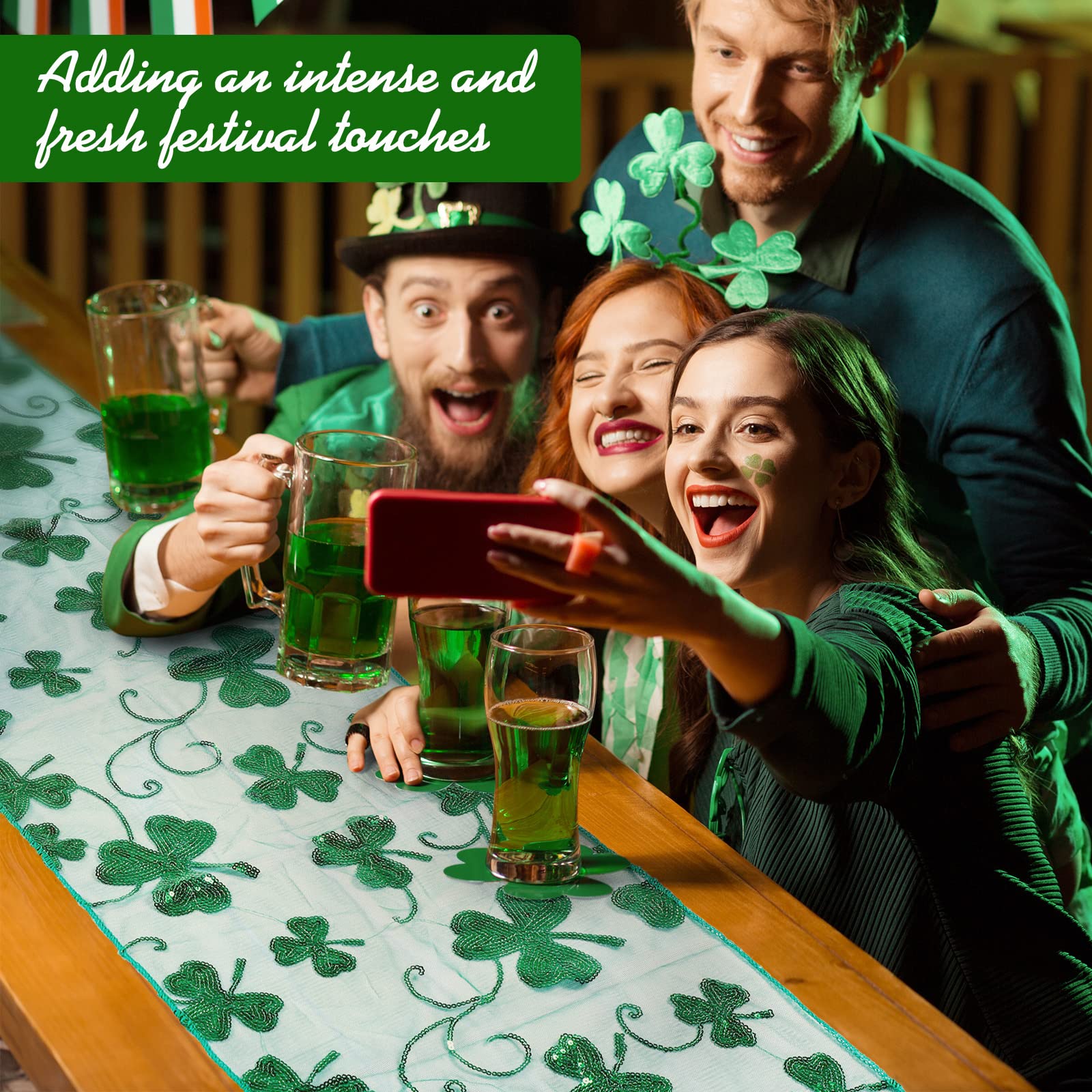 St Patrick's Day Sequin Table Runner Decoration Lucky Shamrock Table Runners with Green Irish Shamrock Sequin 72 x 12 Inch Rectangle Table Runner for St Patricks Day Party Event Decorations(1 Pcs)