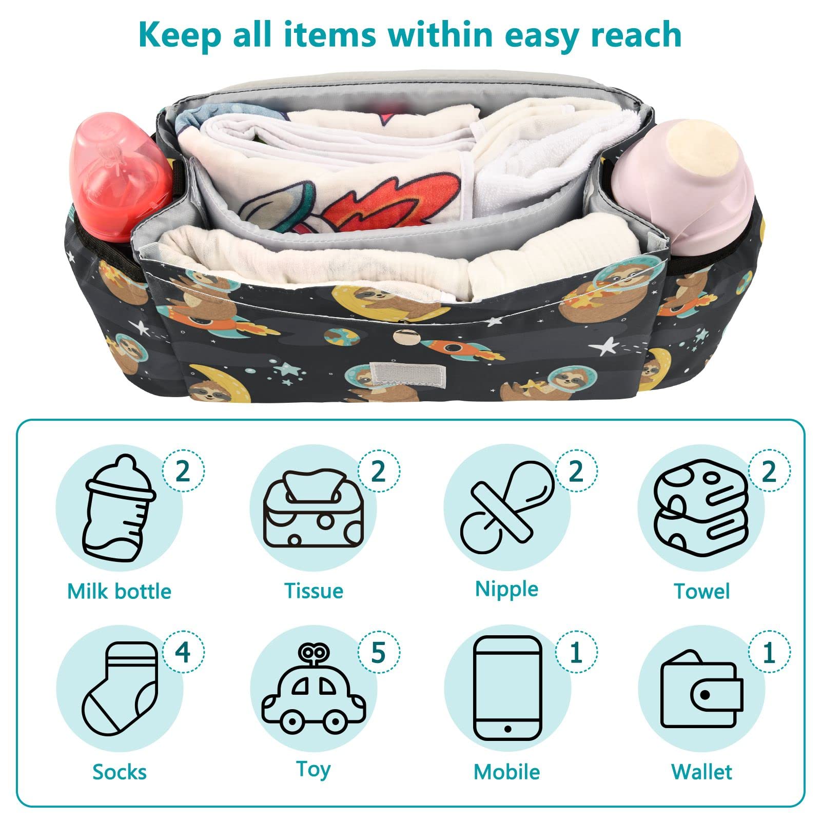 Sloth Astronaut Rocket Stroller Organizer with Cup Holder Universal Stroller Organizer Bag Detachable Shoulder Strap Stroller Accessories for Diaper Snacks Toys Keys Fit All Baby Stroller