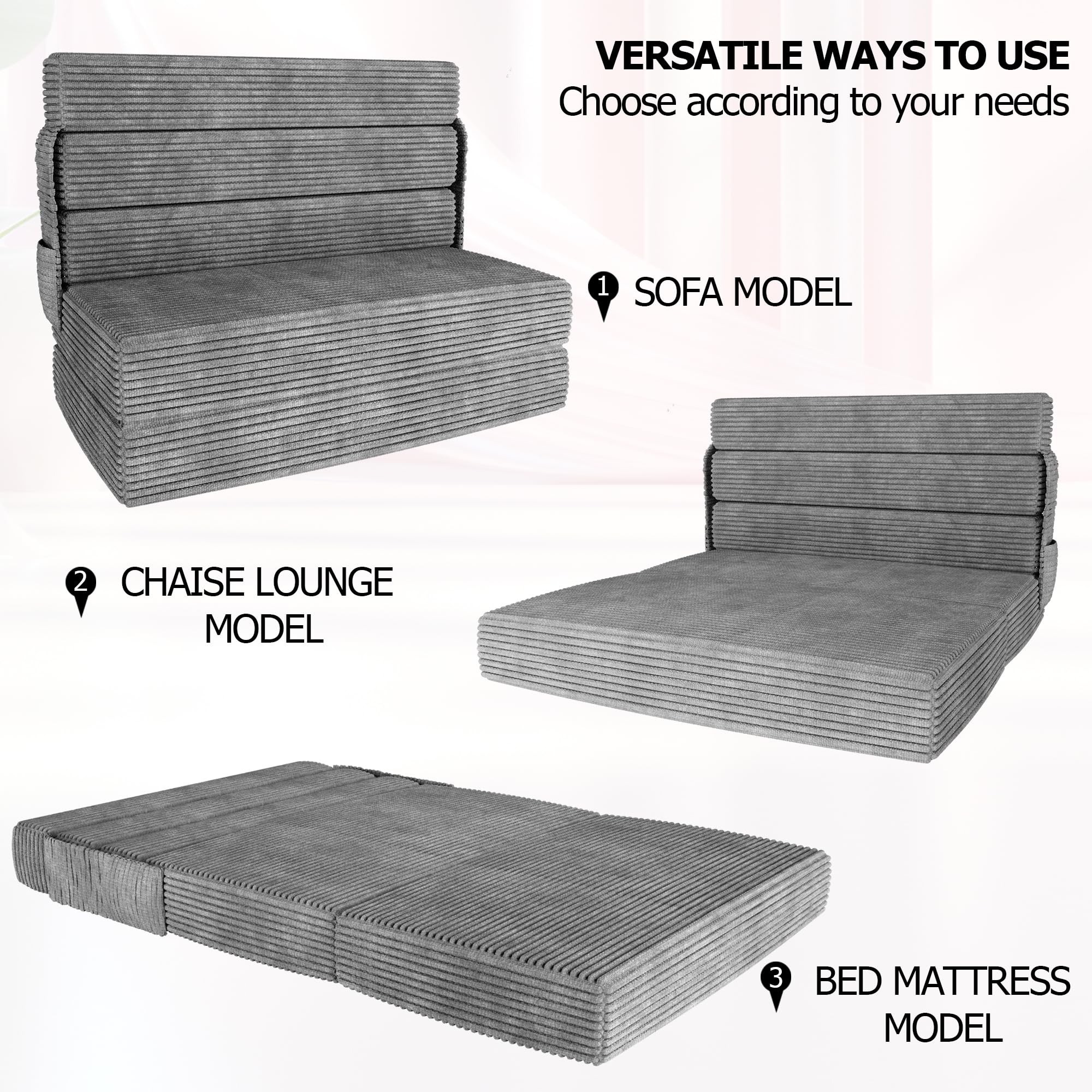 Slumbrae Folding Sofa Bed, 6" [Twin] Foldable Sofa Mattress with Back Support & Fixed Velcro for Living Room & Office, Grey, 75" * 38"