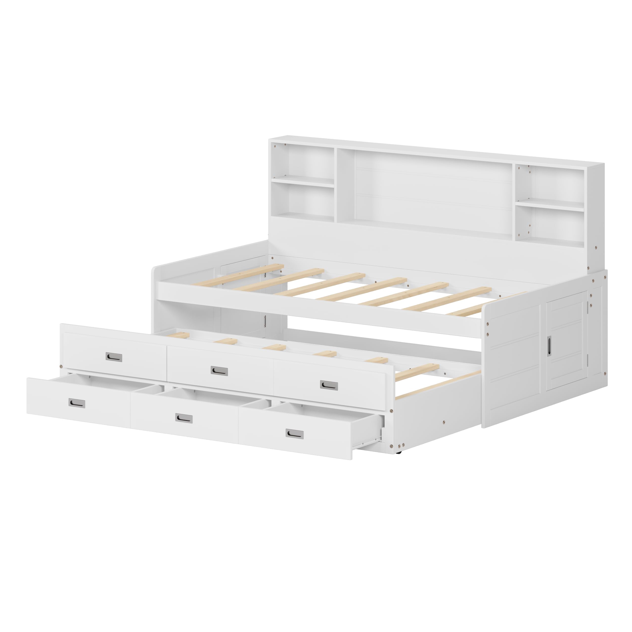 SOFTSEA Twin Size Daybed with Storage and Trundle, Twin Captain Bed with Bookcase Headboard and 3 Drawers, Wooden Daybed with Storage and Trundle Bed for Kids Teens Guests, White
