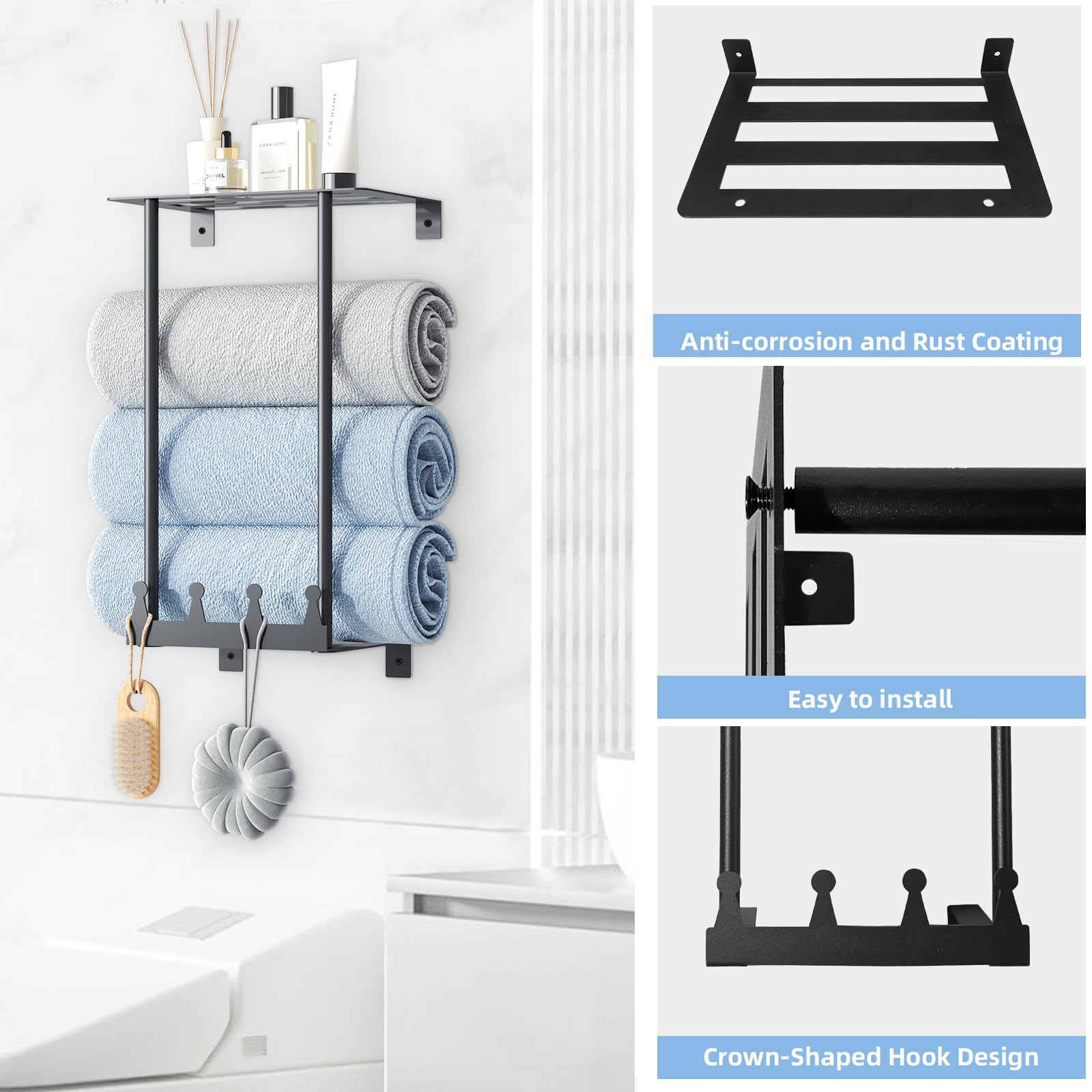 Towel Racks for Bathroom Wall Mounted, Rolled or Folded Towel Holder with Metal Shelf and 4 Hooks for Small Bathroom, Wall Mounted Metal Bathroom Organizer, Sturdy and Large Capacity (1 Shelf)
