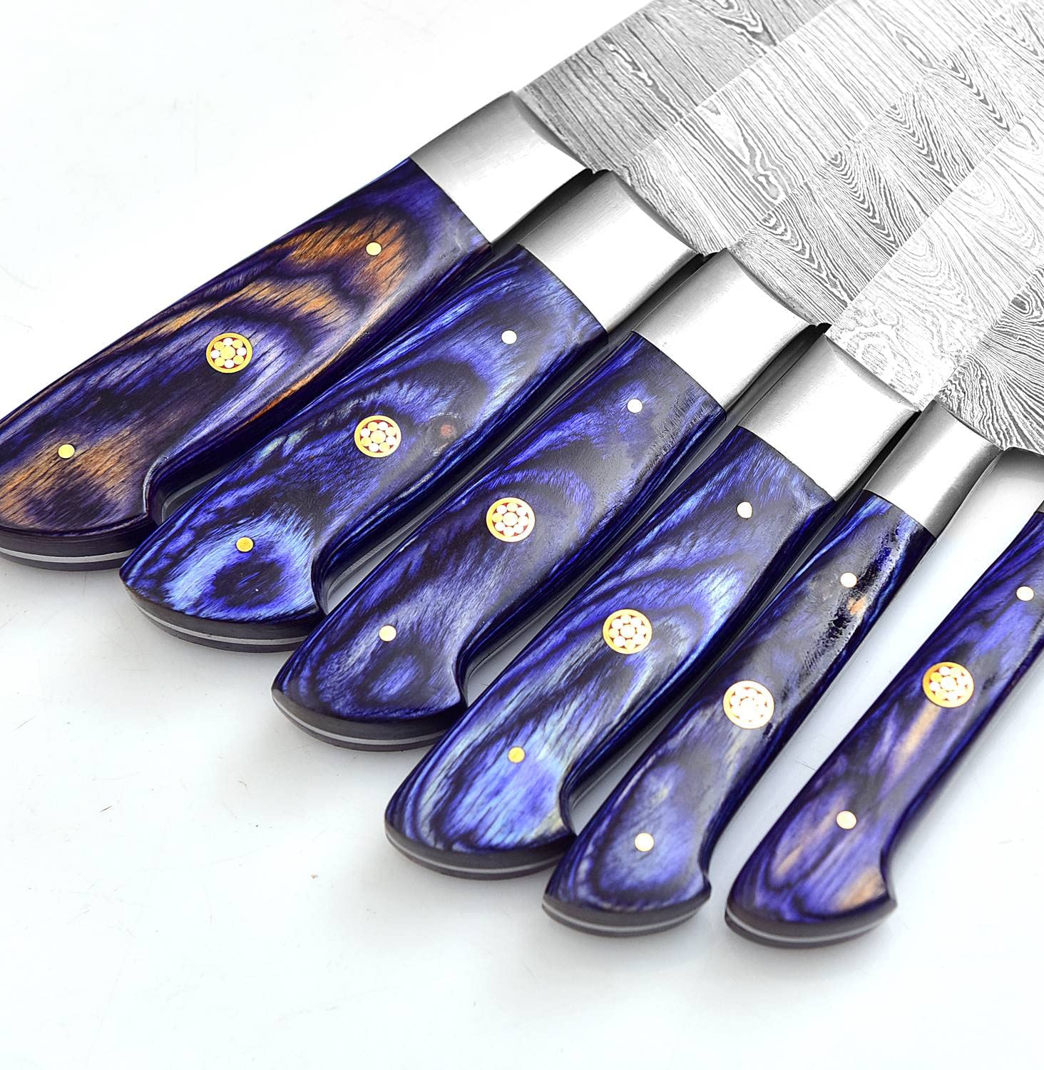 Randy Custom Handmade Damascus Kitchen Knife Set- Steel Blade Chef Knives Sets With Leather Roll Case Bag-6pc Professional Chef's Butcher, BBQ set Purple Wood, (1071 purple)