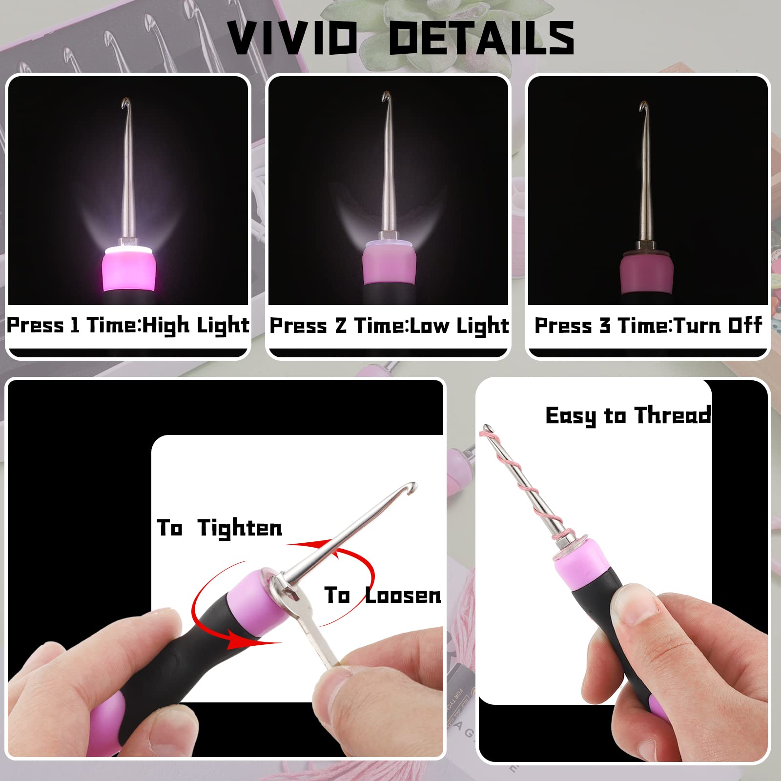 Lighted Crochet Hooks Set USB Rechargeable Crochet Hook with Light Metal 2 mm to 8 mm 12 Size Interchangeable Heads Light Large Eye Blunt Needle with Case for DIY Craft Supplies Beginner Yarn Knitting