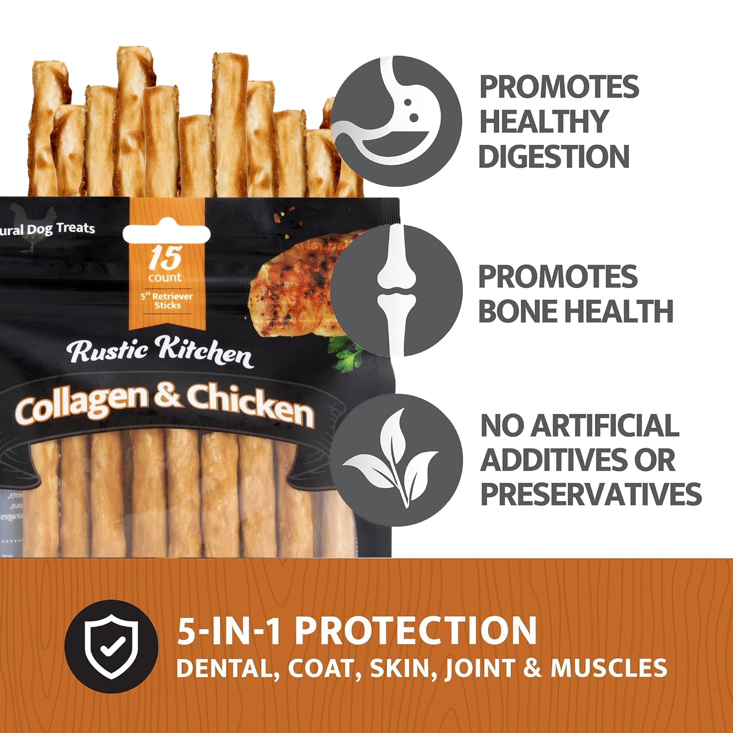 Wild Eats Collagen Chews for Dogs, Real Chicken, Dog Chews Long Lasting, Rawhide Free -15 Pack Collagen Sticks for Large, Medium, and Small Dogs