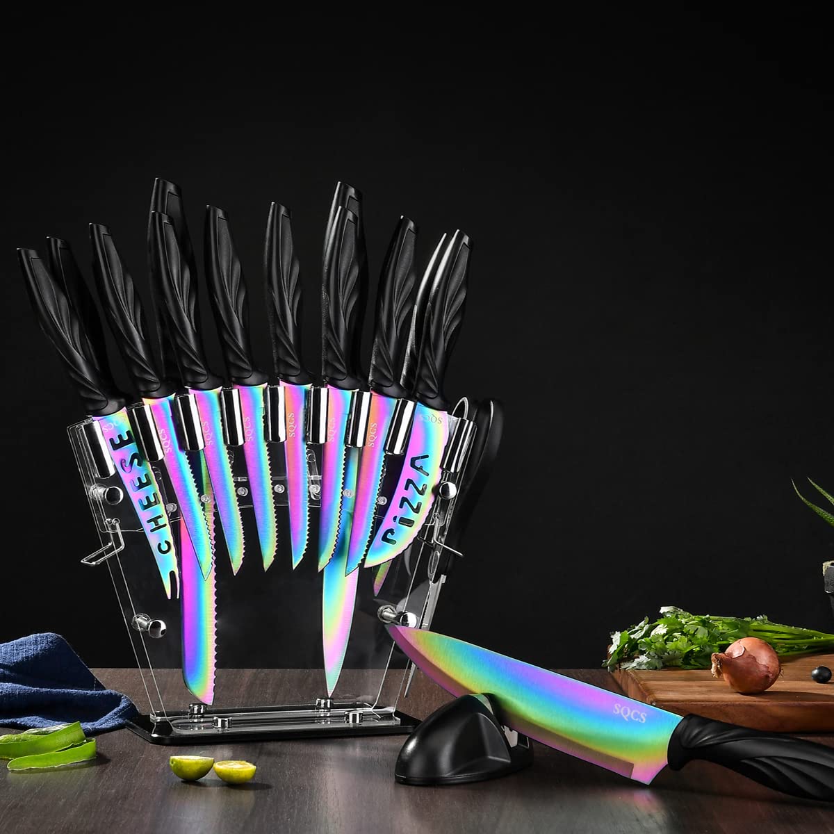 Rainbow Titanium Knife Set 17 PCS Kitchen Knives Set Sharp Cutlery Knife Sets Contain 6 Steak Knives Sharpener Clear Acrylic Stand Nonstick Chef Knife Block Set (Black Handle Rainbow Blade)