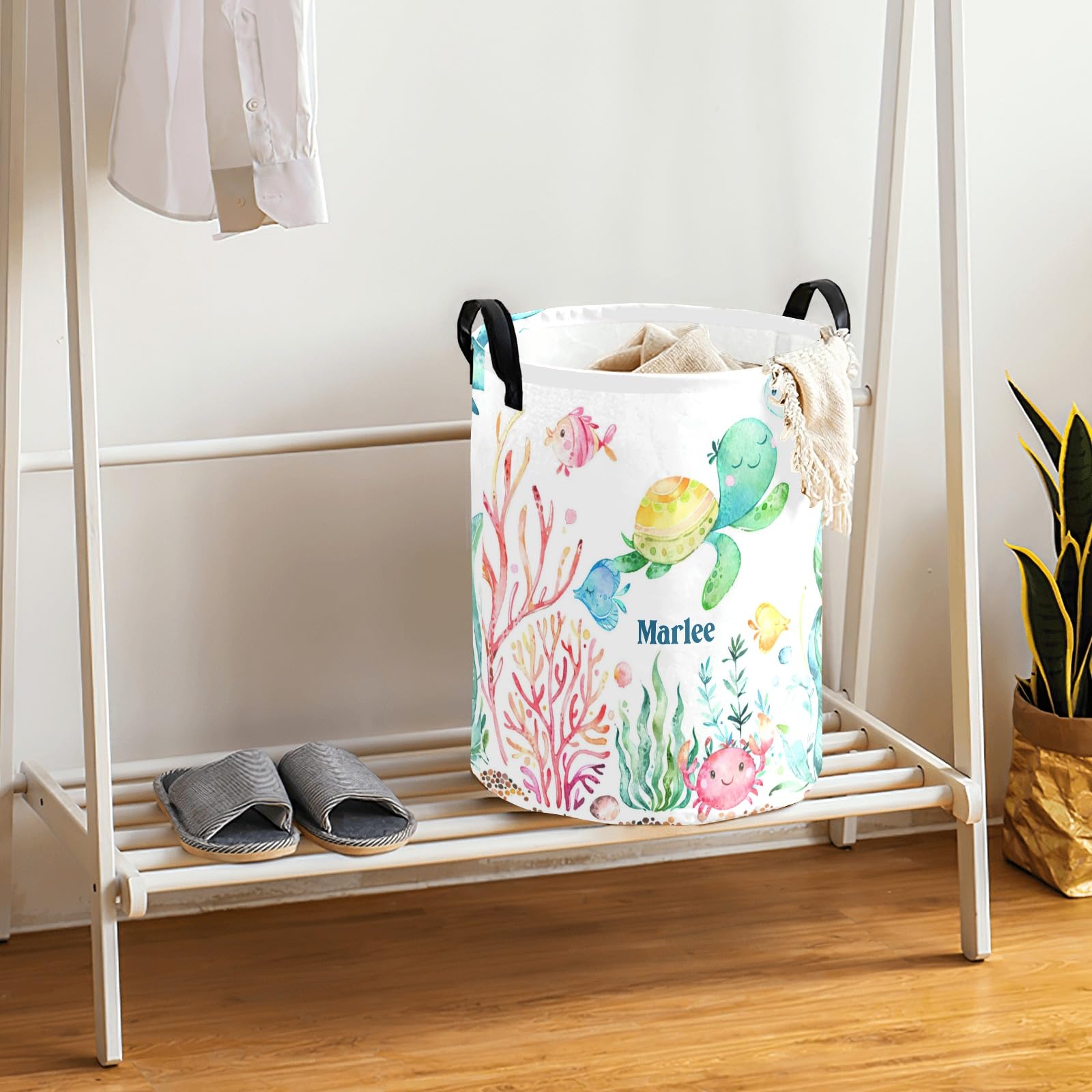 Under the Sea Turtle Jellyfish Personalized Laundry Basket Clothes Hamper with Handles Waterproof,Custom Collapsible Laundry Storage Baskets for Bedroom,Bathroom Decorative Large Capacity