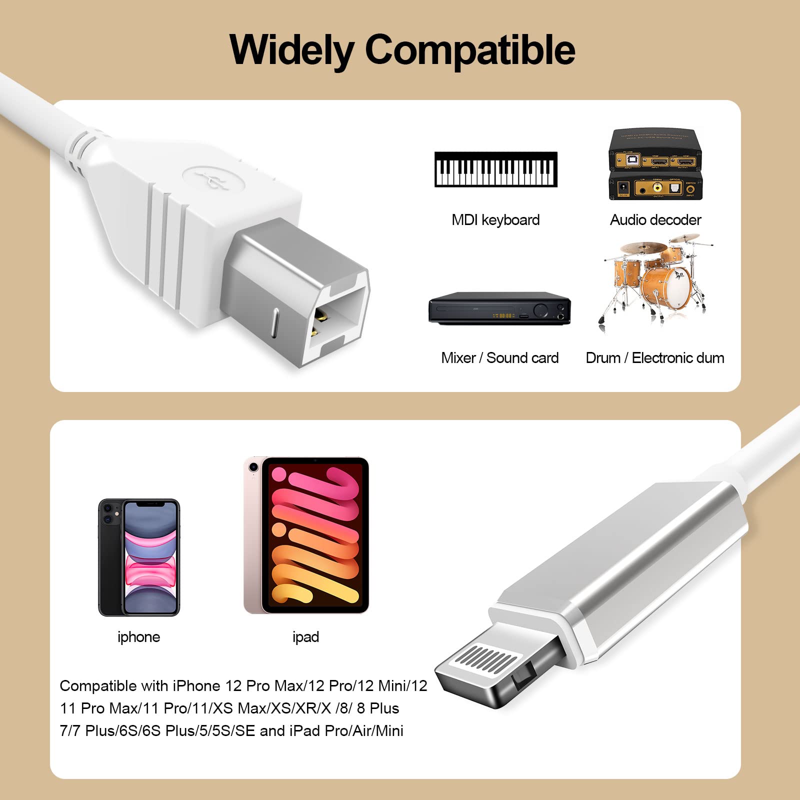 Lightning to MIDI Cable for iPad/iPhone, [Apple MFi Certified] USB - B Midi Cord for Midi Controller, Electronic Music Instrument, Piano, Midi Keyboard, Recording Audio Interface, USB Microphone