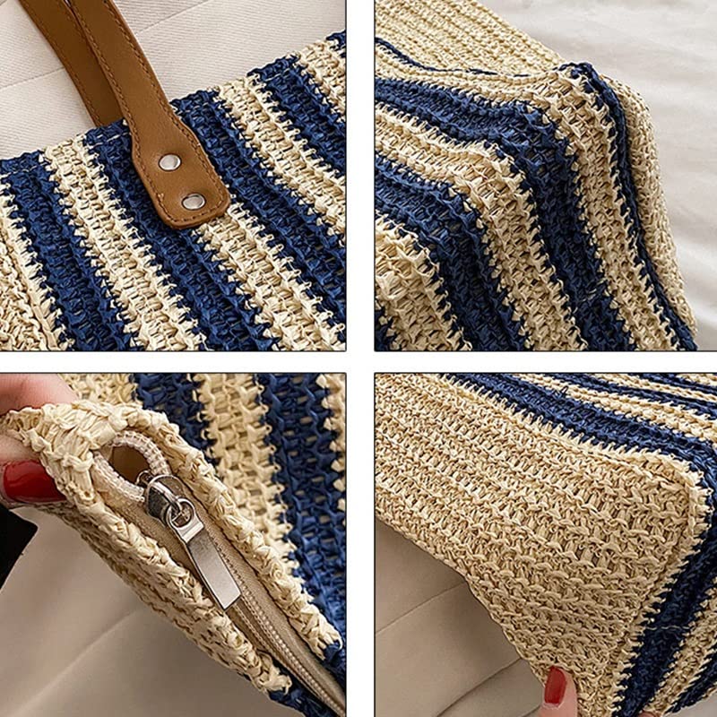 N/A Summer Striped Straw Bag Women Woven Shoulder Handbag Rattan Handmade Beach Bag Large Capacity Totes (Color : B, Size : One Size)