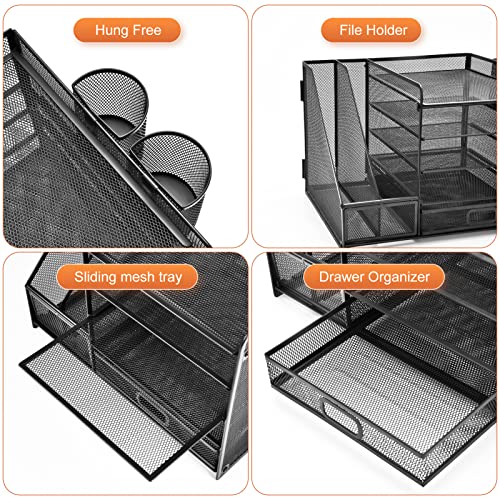 Marbrasse Mesh Desk Organizer with File Holder + Wooden Paper Letter Tray Organizer with Drawer and Pen Holder