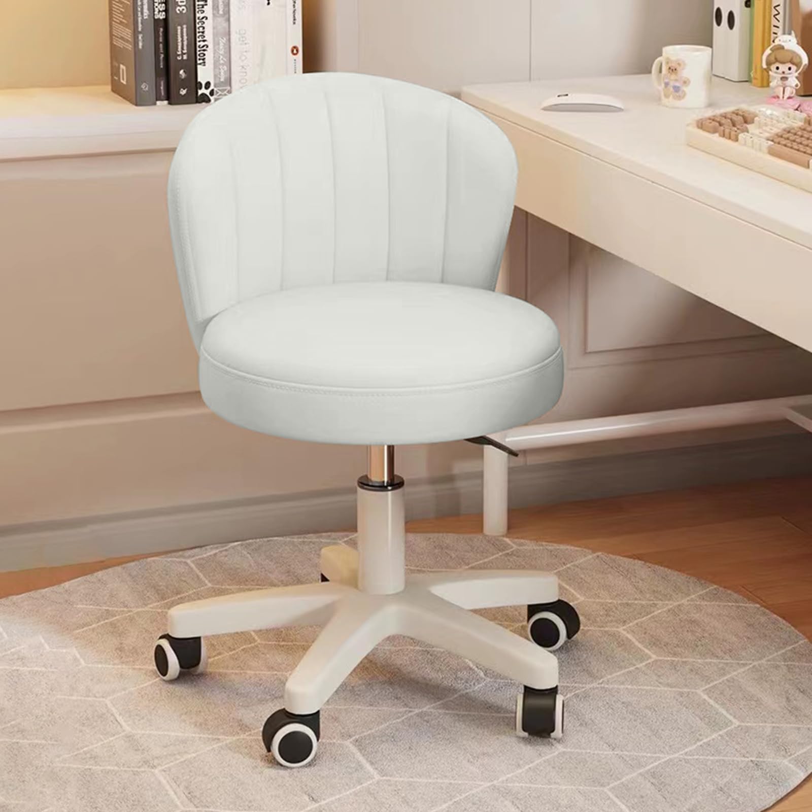 Small Chair Round Rolling Stool with Back PU Leather Height Adjustable Swivel Drafting Work SPA Salon Stools Home Office Chair with Wheels (White, 13.8 * 2 * 9.8)