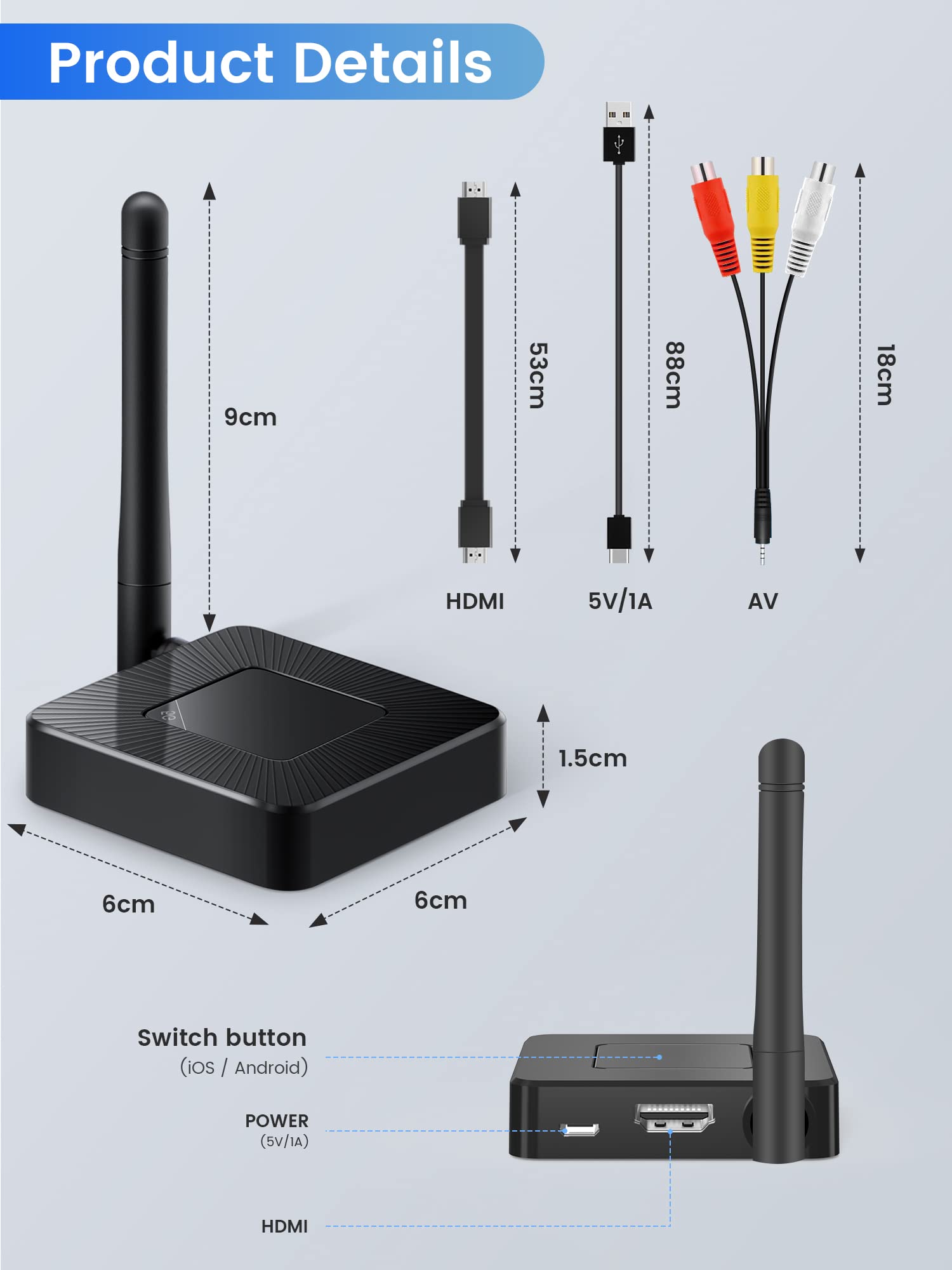 Renkchip Wireless HDMI Display Adapter dongle, 1080P/60Hz Real-time Transmission, No Setup or APP Required, Compatible with Android, iOS, Windows and MacOS