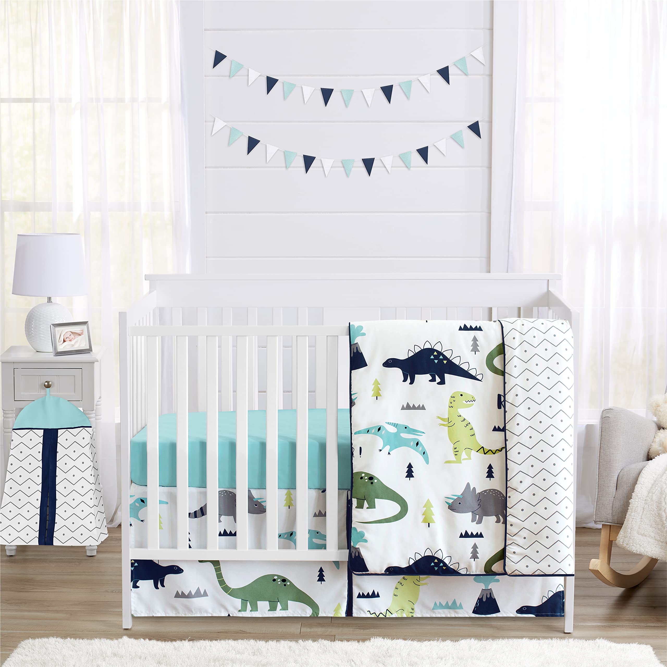 Sweet Jojo Designs Blue Green Modern Dinosaur Boy Baby Crib Bedding Set for Infant Nursery Room Quilt, Fitted Sheet, Skirt, Diaper Stacker - 5pc - Turquoise Boho Bohemian Grey and White Mod Dinosaurs