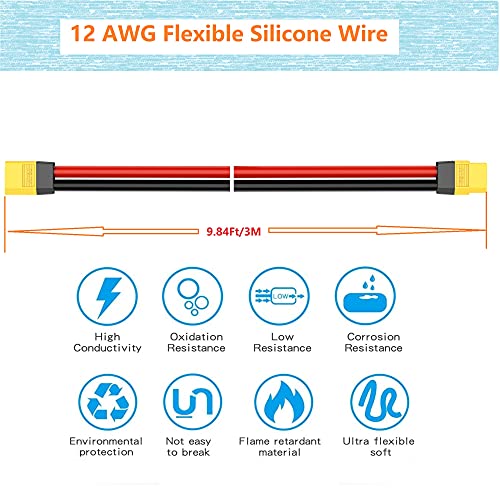 PolyEnergy XT60 Extension Cord 10Ft with XT60 Female Male for Portable Power Station Solar Panel RC Battery Lipo Battery Pack Portable Power Station 12Gauge Flexible Silicone Wire Cord