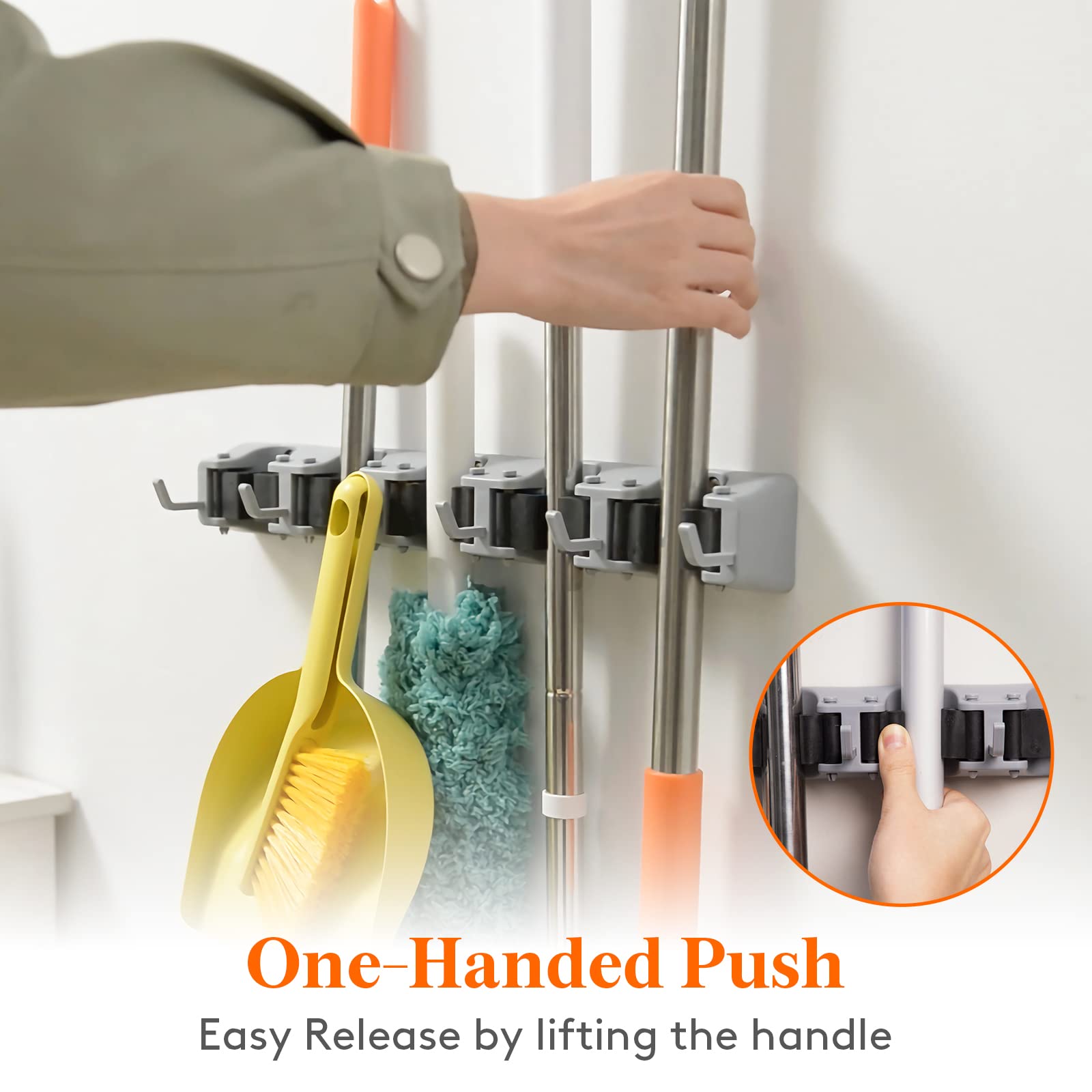 Lifewit Mop and Broom Holder Wall Mount, Anti-Slip Broom Hanger for Kitchen Organization, Heavy Duty Cleaning Supplies Organizer, Easy Install Tool Organizer for Closet, Garage, 5 Slot 6 Hooks, Grey