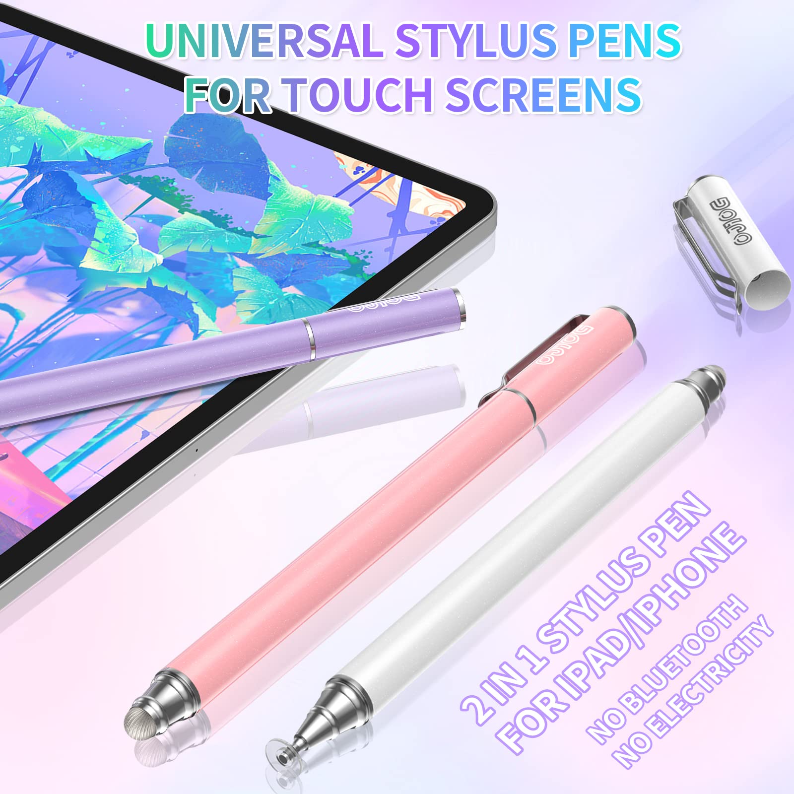 Stylus Pens for Touch Screens (3 Pcs), 2 in 1 Stylus Pen for iPad High Sensitivity & Precision Capacitive Stylus Compatible with Apple iPhone, iPad, Android, Tablets, Samsung (White/PK/Purple)