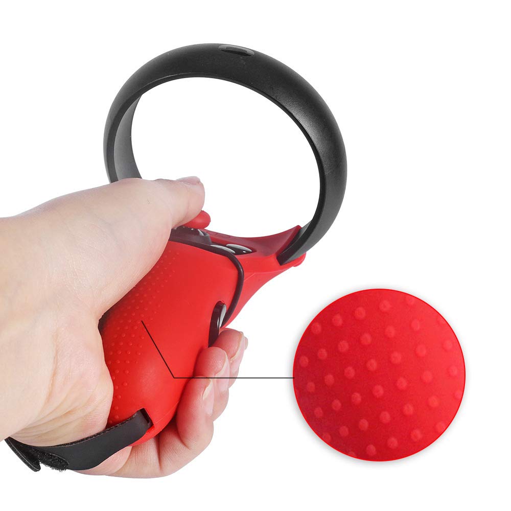 Hooshion 3 Set Handle Non-Slip Silicone Protective Case Joystick Cap Anti-Drop Leather Hand Strap for Oculus Quest/Rift S VR Headset (Red)