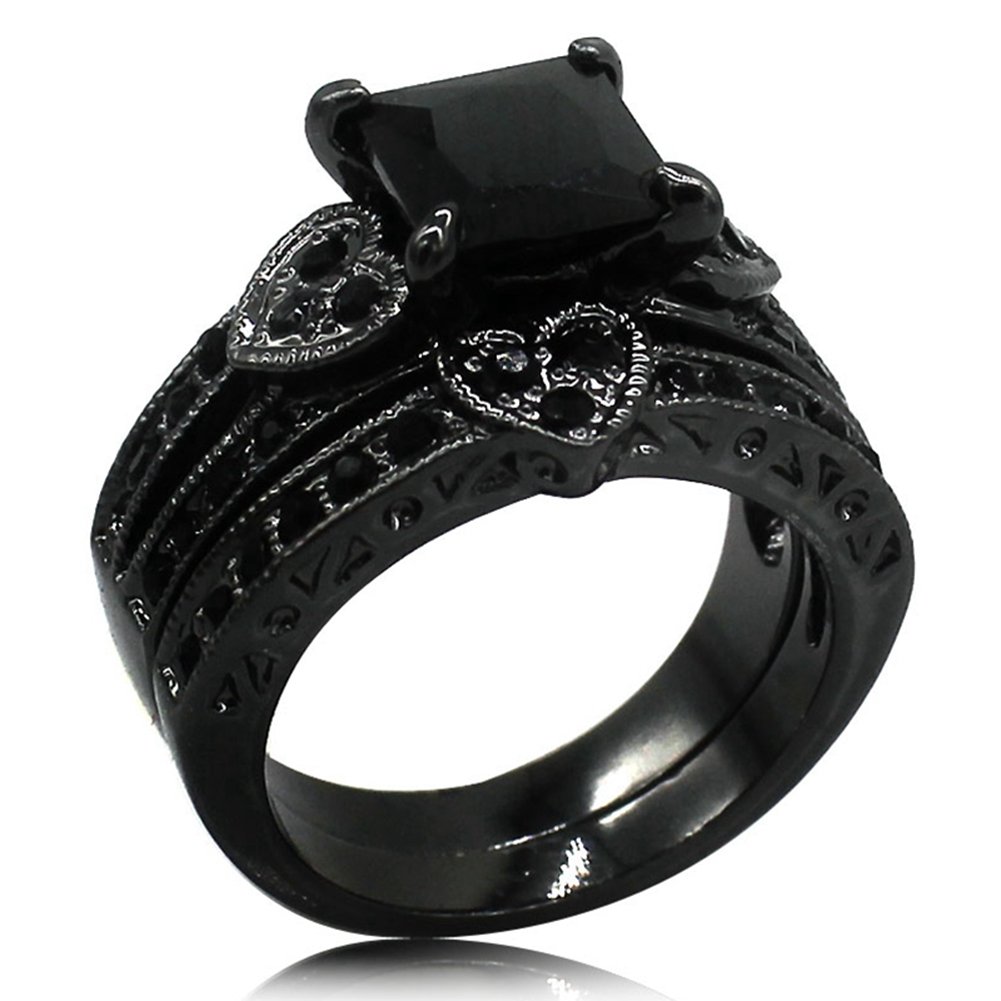 Jude Jewelers Black Rhodium Plated Princess Cut Heart Shape Wedding Engagement Bridal Ring Set (Black, 7)