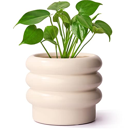 JOFAMY Tiered Bubble Ceramic Plant Pot, Creamy White 6 Inch Ceramic Planter with Drainage Holes, Ceramic Flower Pot with Mesh Pad, Rubber Plugs, Ceramic Pots for Indoor Plants Outdoor, Modern Décor