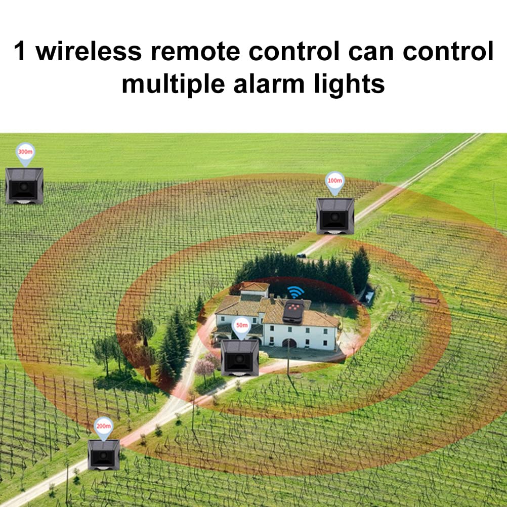 Solar Alarm Light with Motion Sensor Outdoor Solar Strobe Light Remote Control Sound Alarm for Backyard Patch Farm Garage