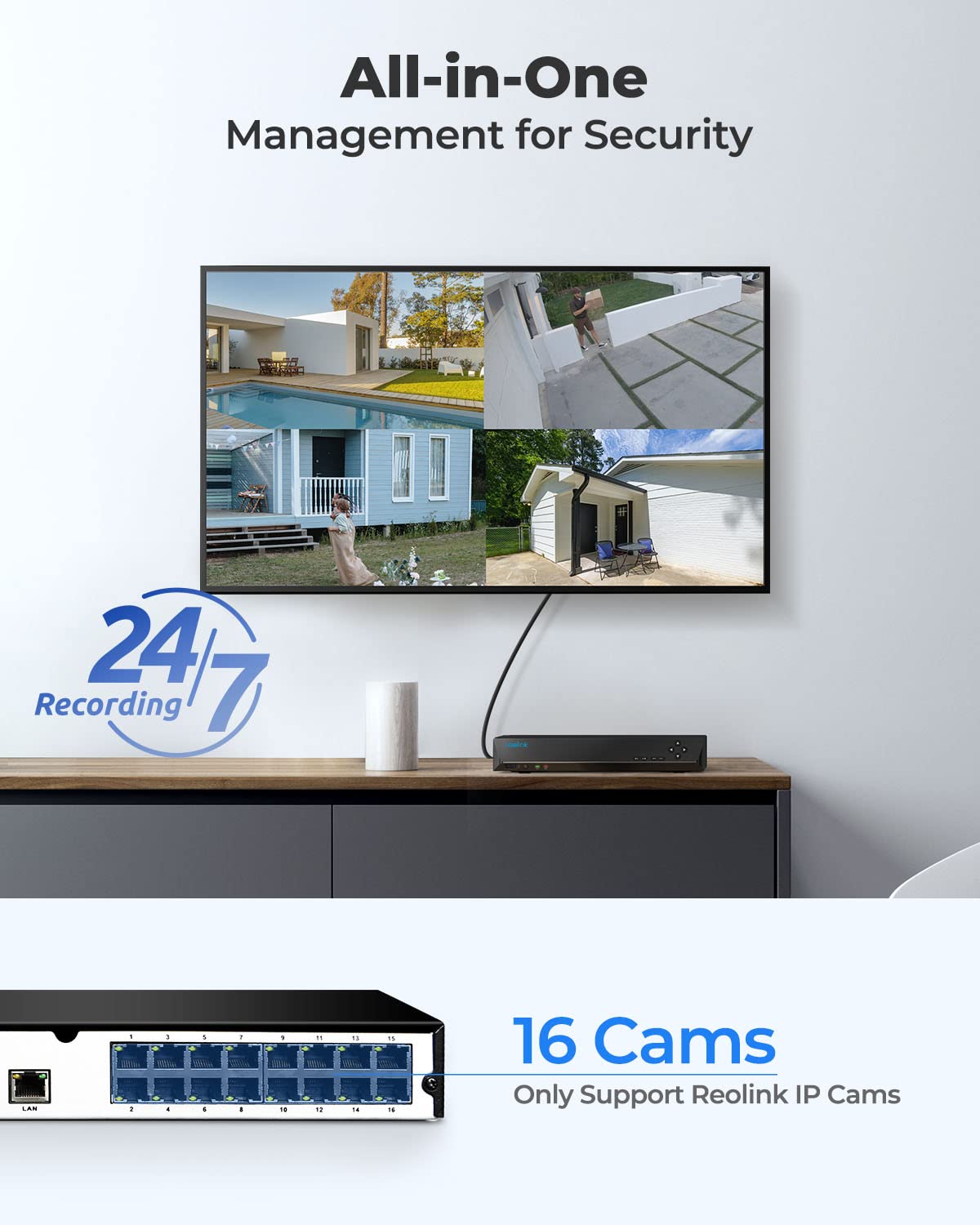 REOLINK 4K Security Camera System, IP PoE Surveillance Camera with 5X Optical Zoom, Human/Vehicle Detection, Two Way Talk, Color Night Vision, Auto Tracking, 2X 823A, 4X 811A Bundle 1x RLN16-410 NVR