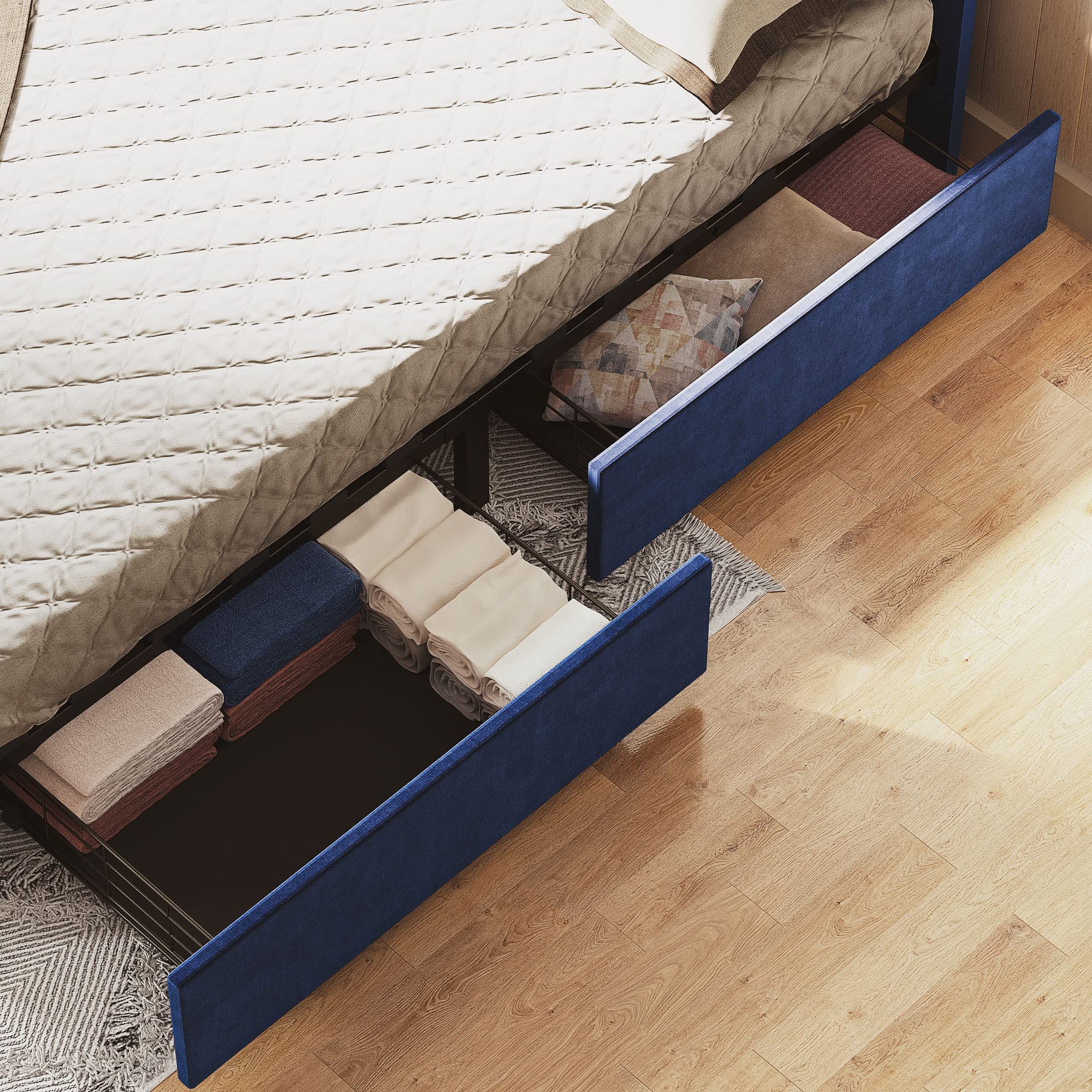 LIKIMIO Queen Bed Frame with 4 Storage Drawers, Velvet Upholstered Headboard with Button Tufted & Rivets, Easy Assembly, No Box Spring Needed (Blue, Queen)