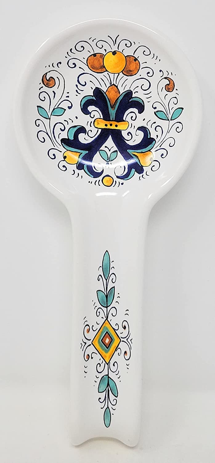 Nova Deruta Spoon Rest, Blue and Yellow Fleur De Lis with Fruit, Made in Italy, Italian Exclusively Handcrafted Earthenware for Sur La Table, Deruta Region Artwork, 11.5" x 5"