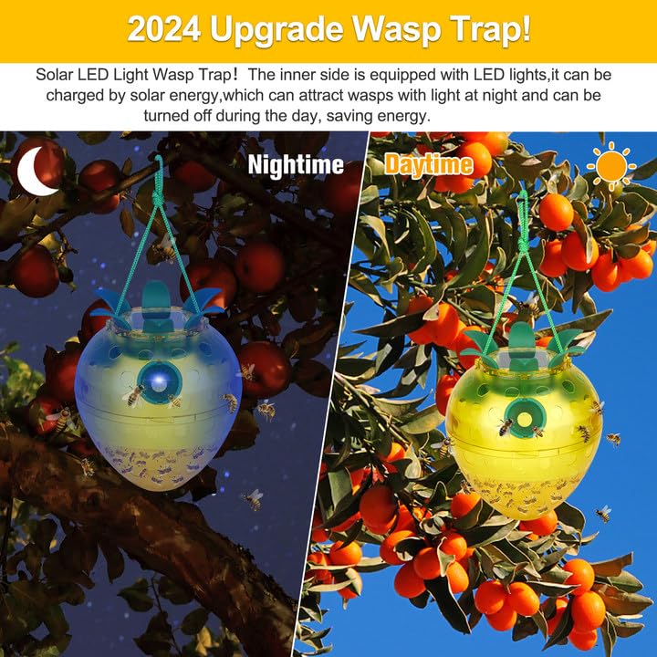 Wasp Traps Outdoor Hanging, Yellow Jacket Wasp Catcher for Trapping Hornet, Non-Toxic Reusable Wasp Catcher for Outdoors Trapping Wasp, Wasp Trap Solar Power Outdoor with LED Light (2P-Yellow)