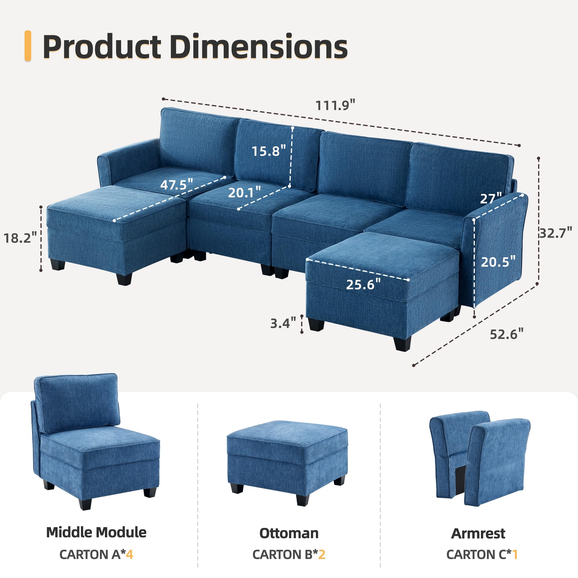 Tbfit Modular Sectional Sofas for Living Room, Sleeper Sofa Bed with Storage Ottoman, Convertible U-Shaped Couch with Adjustable Armrests and Backrests, Brown(Chenille)