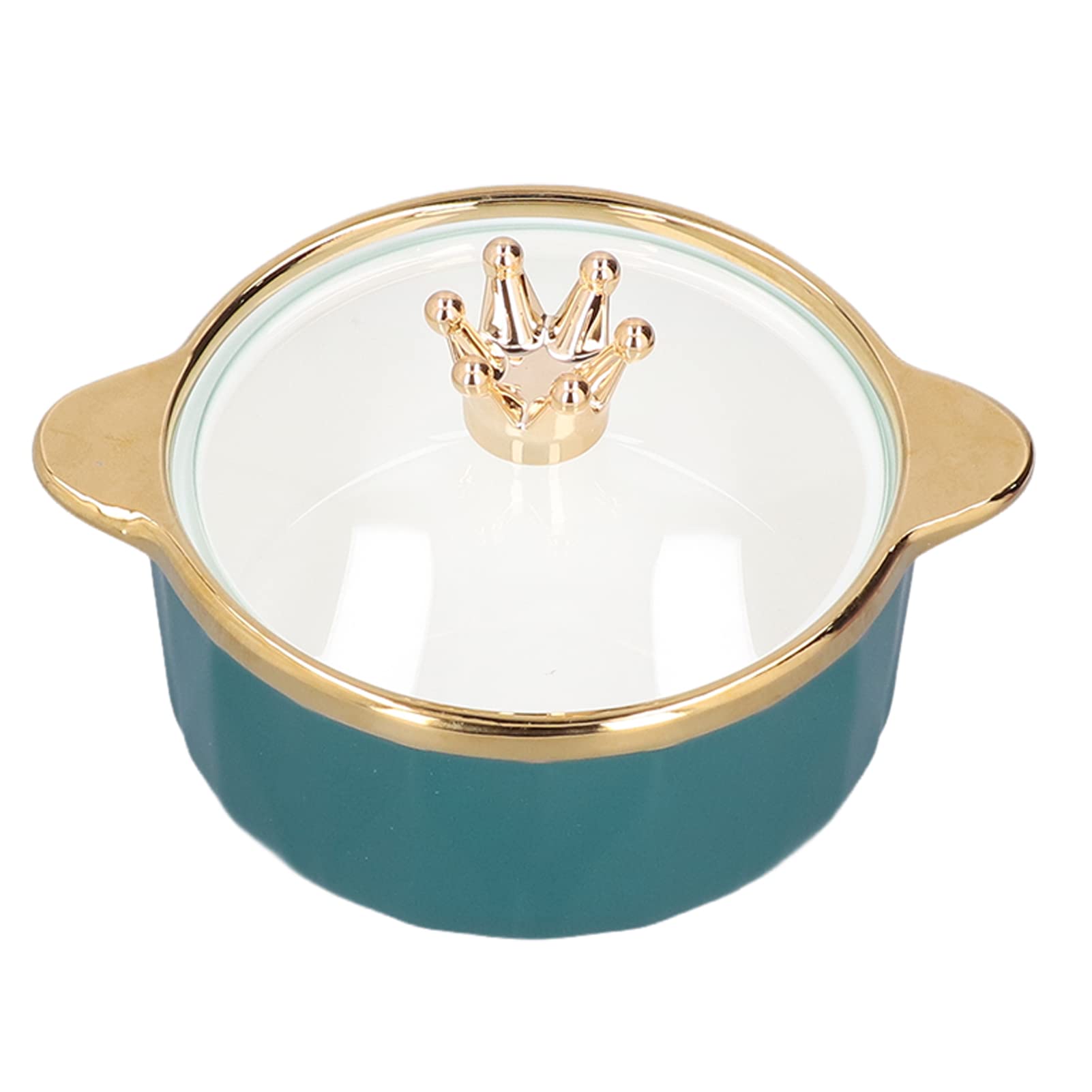 Milltrip Ceramic Bowl, Binaural Bowls Large Capacity Crown Ceramic Bowl with Lid and Phnom Penh Handle for Soup Rice Salad Instant Noodle(Green)