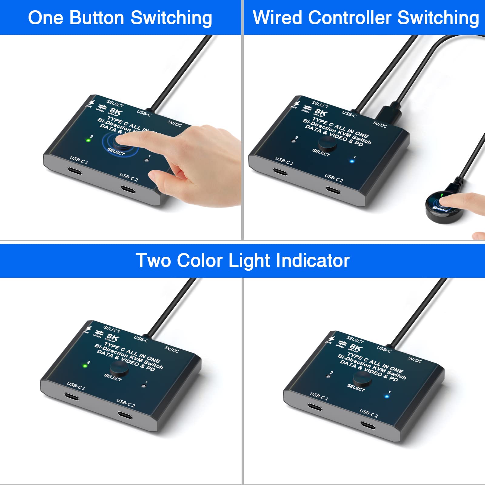USB-C Switch,Bi-Directional USB C Switcher 2 in 1 Out/1 in 2 Out Type C KVM Switch Supports 8K@60Hz,4K@120Hz Video / 10Gbps Data Transfer/ 100w Power Delivery Compatible with Thunderbolt Device