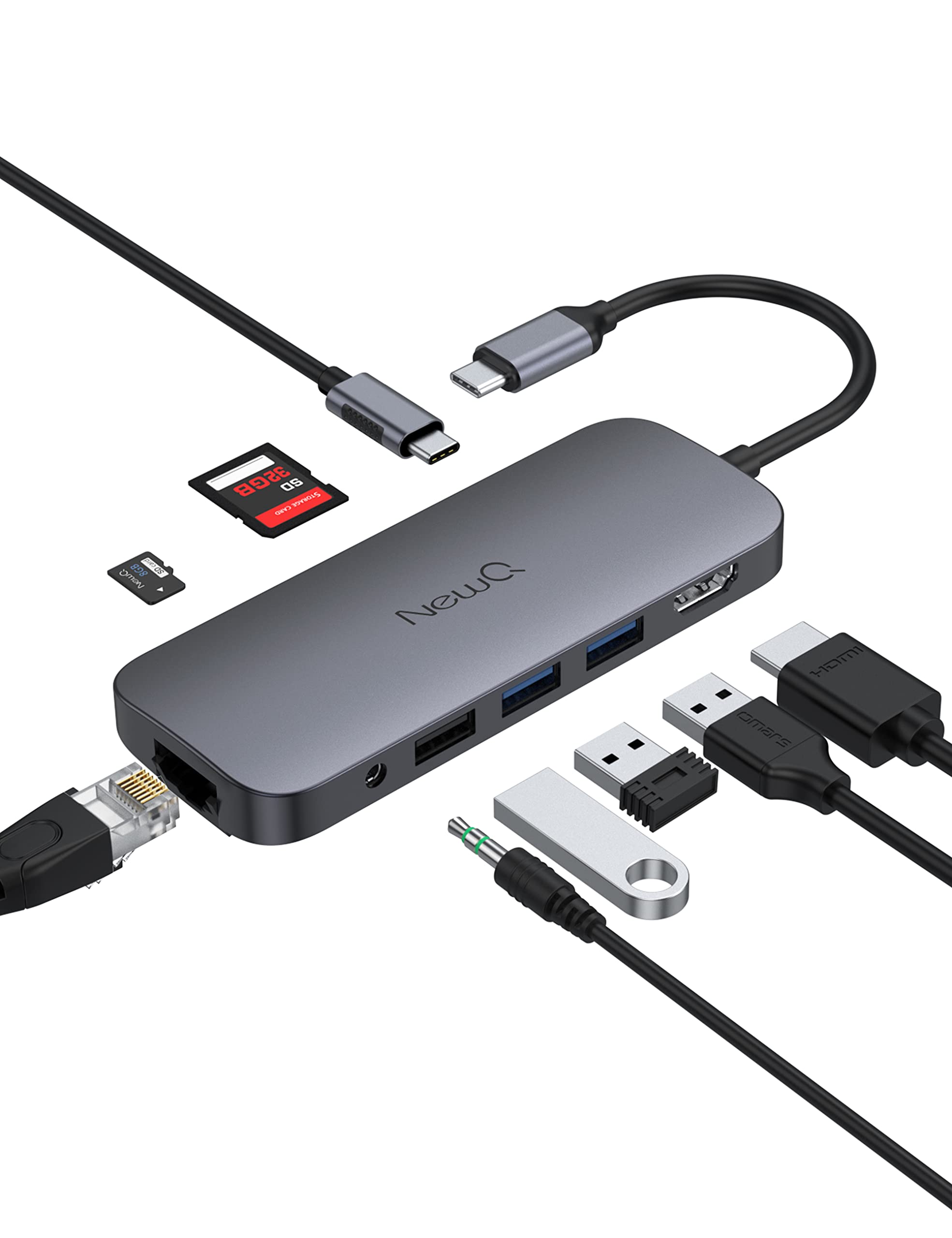 USB C Hub: NewQ 9-in-1 USB-C Adapter with 100W PD, 4K HDMI, 3*USB A 5Gbps, SD/MicroSD Reader, Audio Jack, Gigabit Ethernet, for iPad Pro, MacBook Pro/Air, USB-C(Thunderbolt 3&4) Laptops